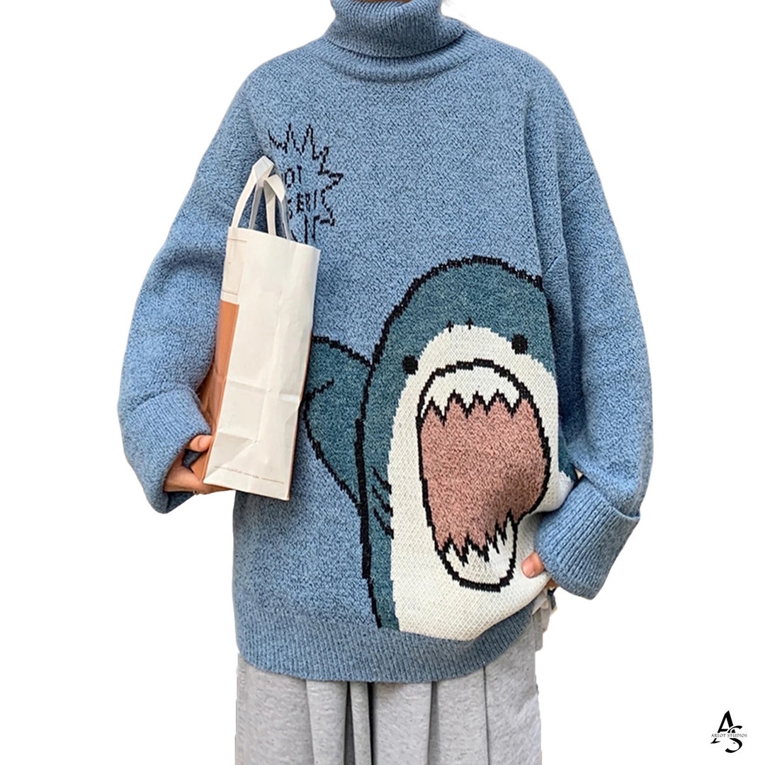 Cartoon Vintage Shark Pullover Turtle Neck Sweater Round Neck Oversized ...