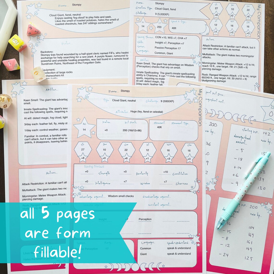 DND Companion Character Sheet Cute Moon and Stars 5 Page Companion and ...
