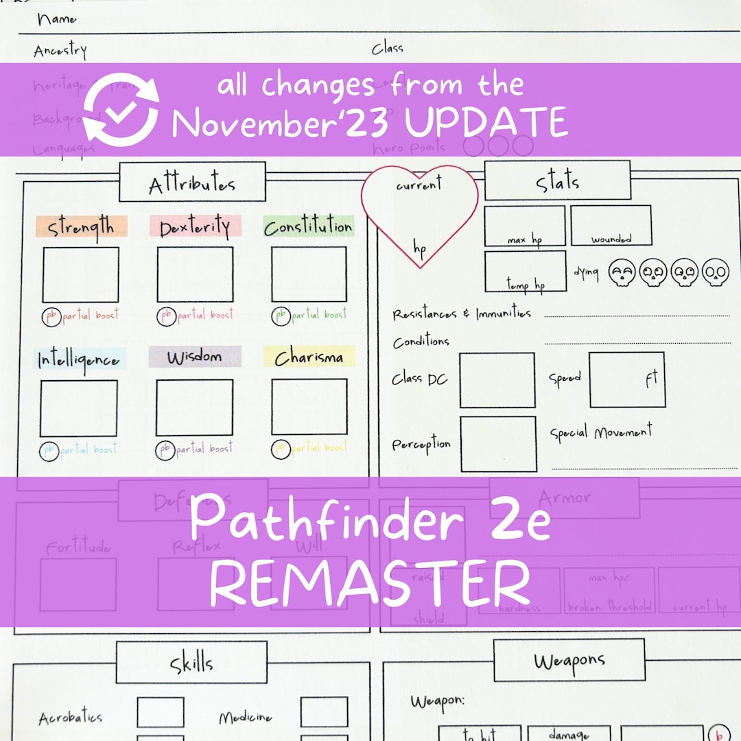 Pathfinder 2e Remaster Character Sheets Pack Great for New Players and ...