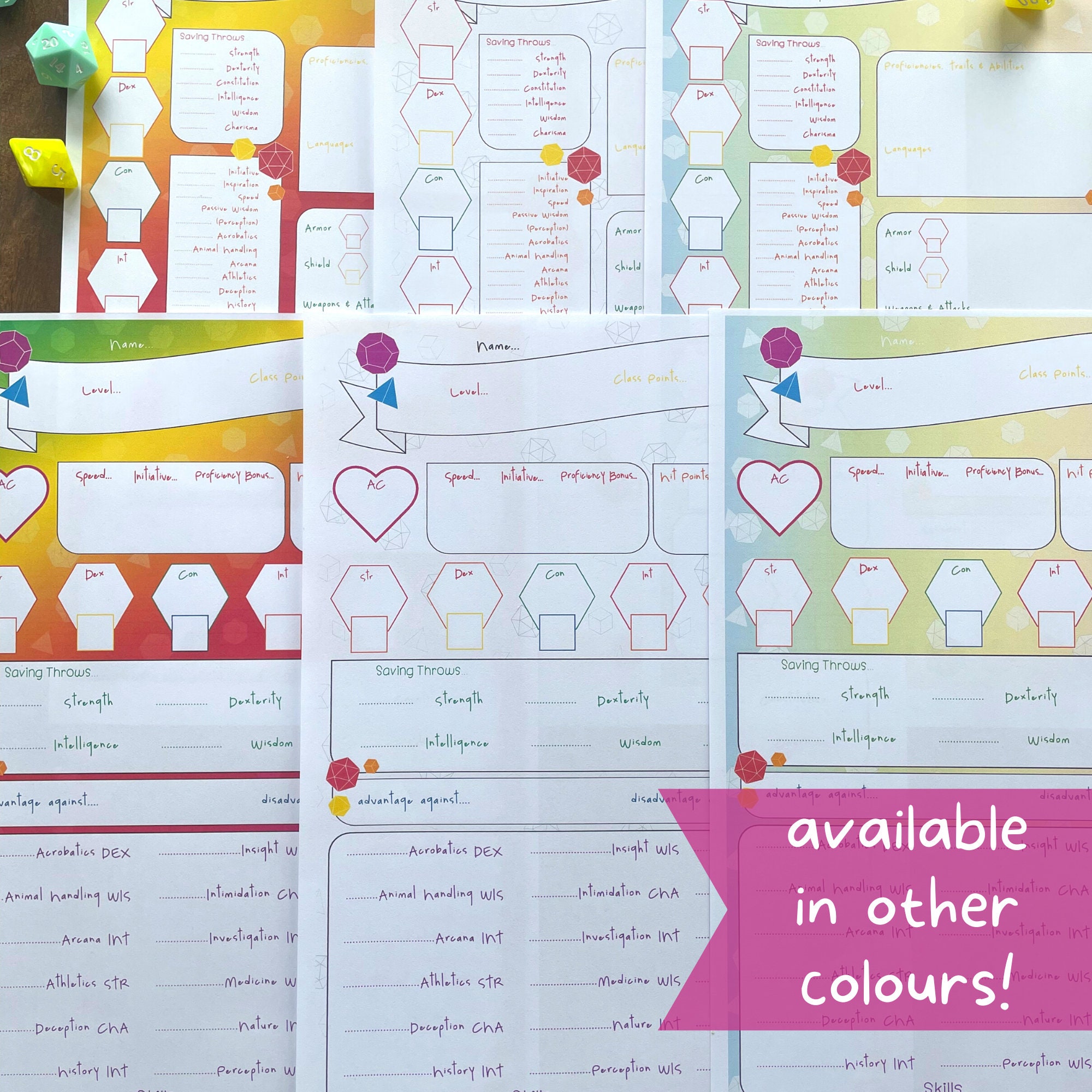 DND 5e Character Sheet Set, Rainbow Dice Series With 9 Form Fillable ...