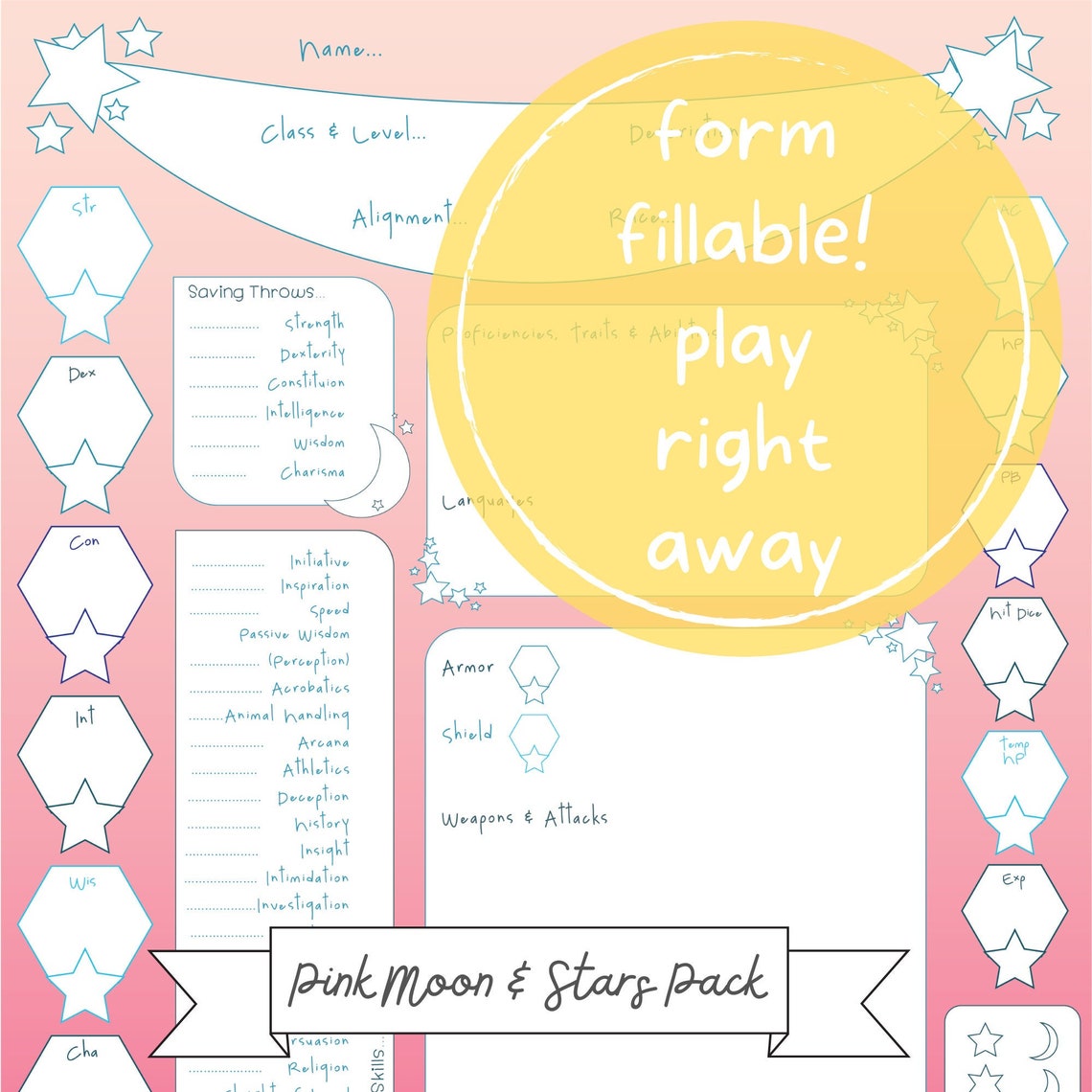DND Character Sheet Cute Moon and Stars 9 Page Character - Etsy UK