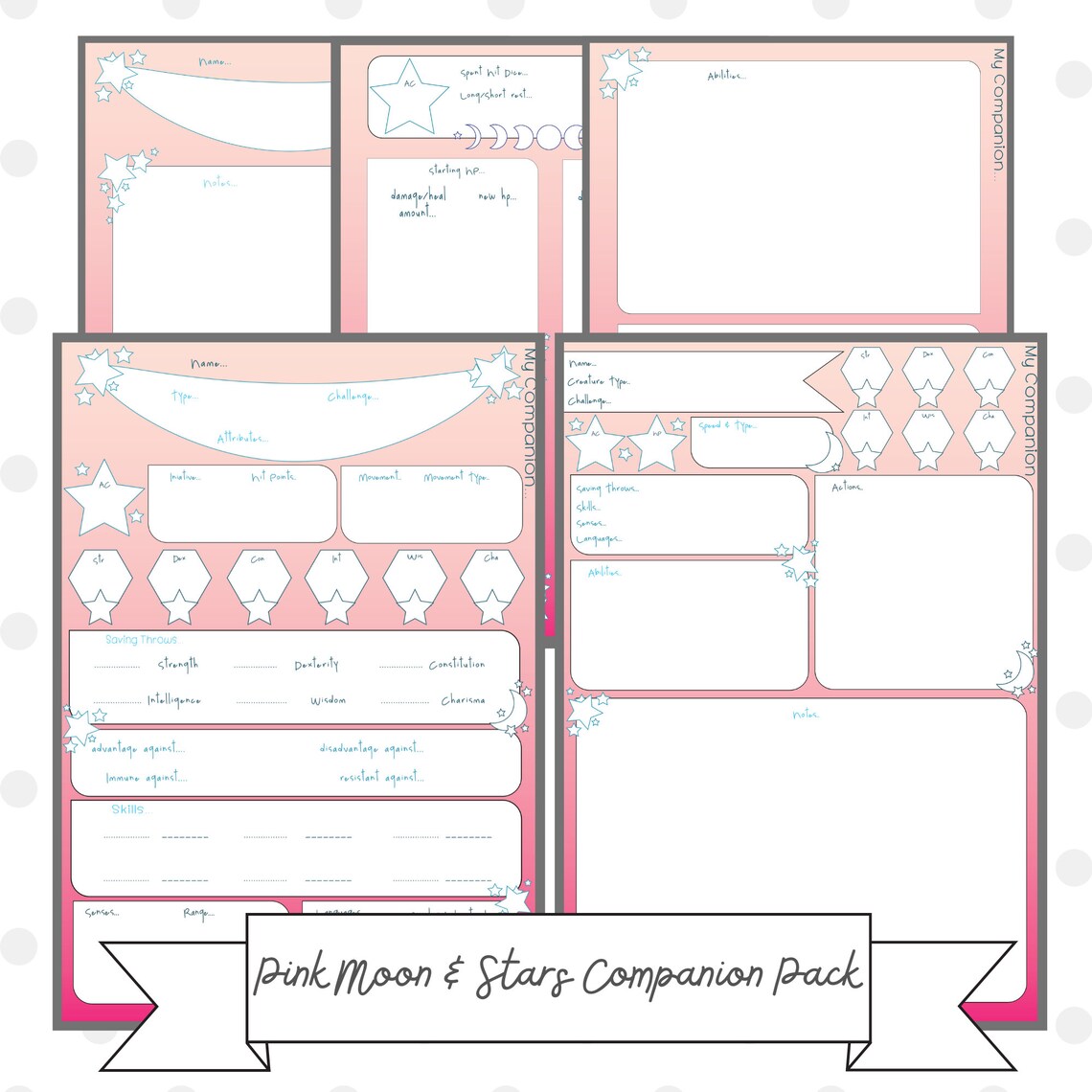 DND Companion Character Sheet Cute Moon and Stars 5 Page | Etsy
