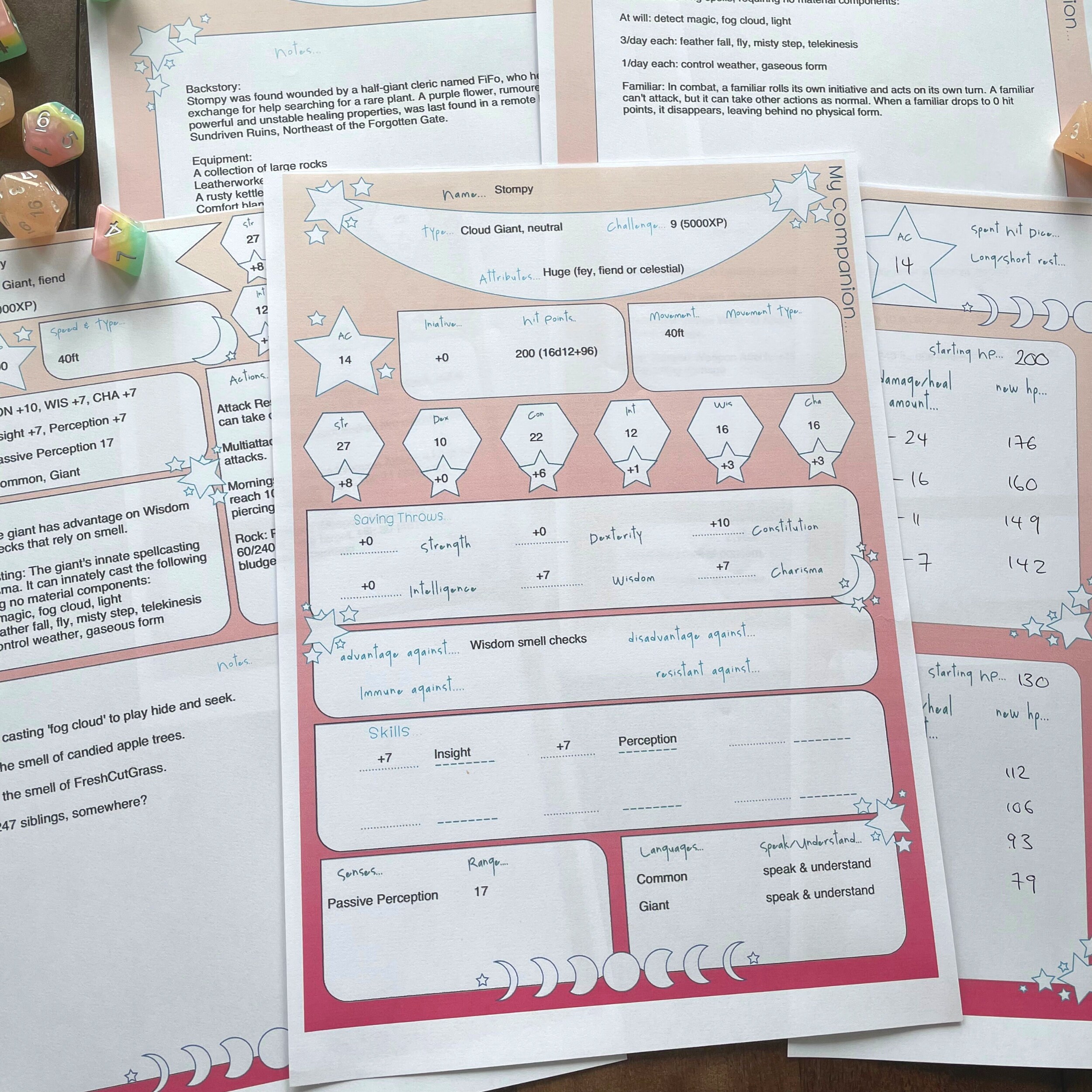 DND Companion Character Sheet Cute Moon and Stars 5 Page Companion and ...