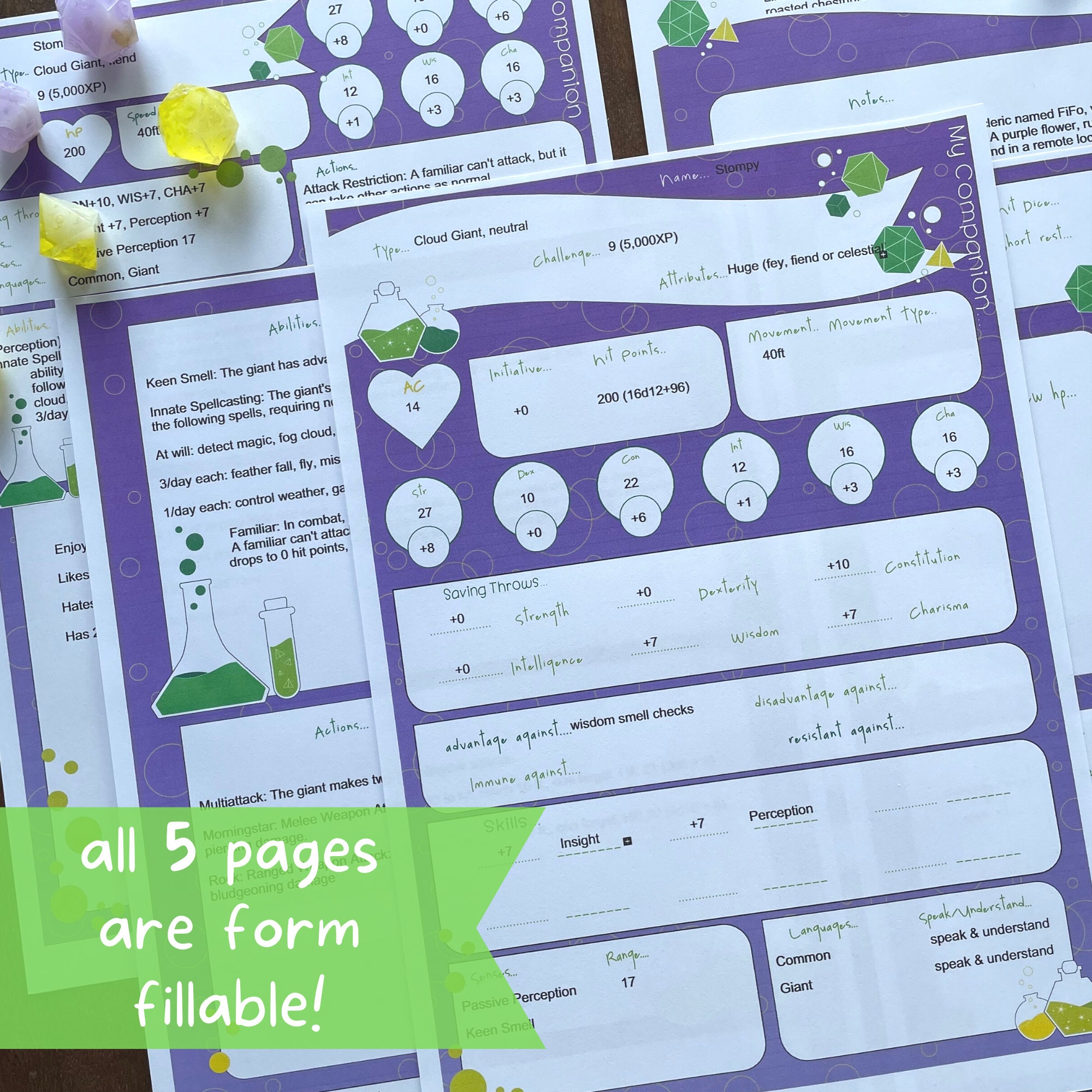 Companion and Familiars Form Fillable 5 Page D&D Pack in Our Purple ...