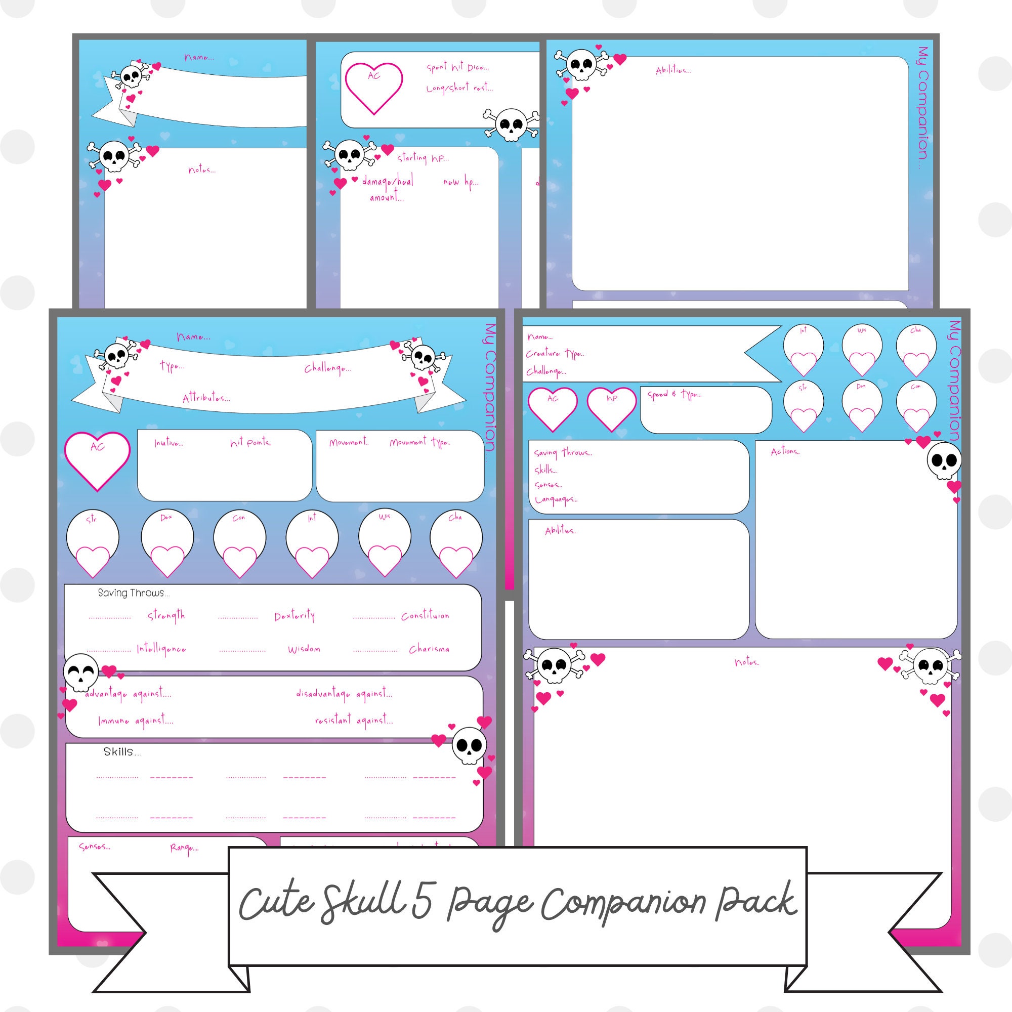 Companion and Familiars Form Fillable 5 Page D&D Pack in Our Pink and ...