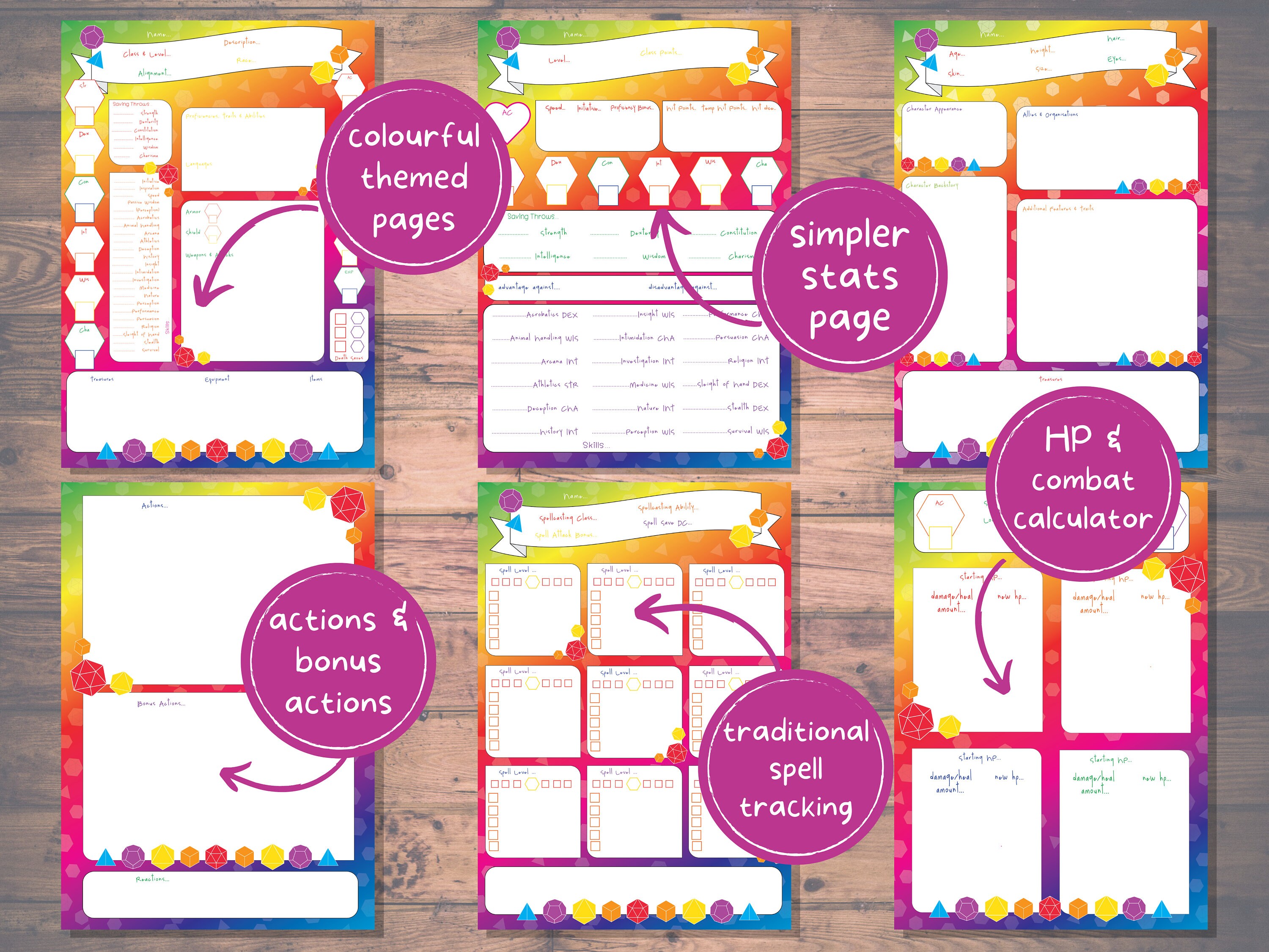 DND 5e Character Sheet Set, Rainbow Dice Series With 9 Form Fillable ...