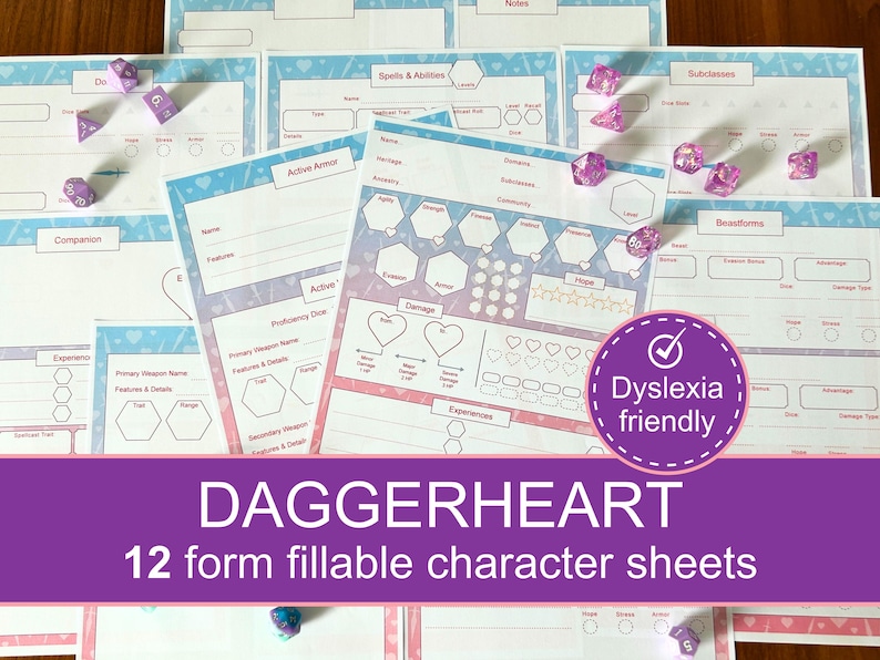 Daggerheart Character Sheets 12 Form Fillable Printable Set With Dyslexia-friendly Font, Fun ...