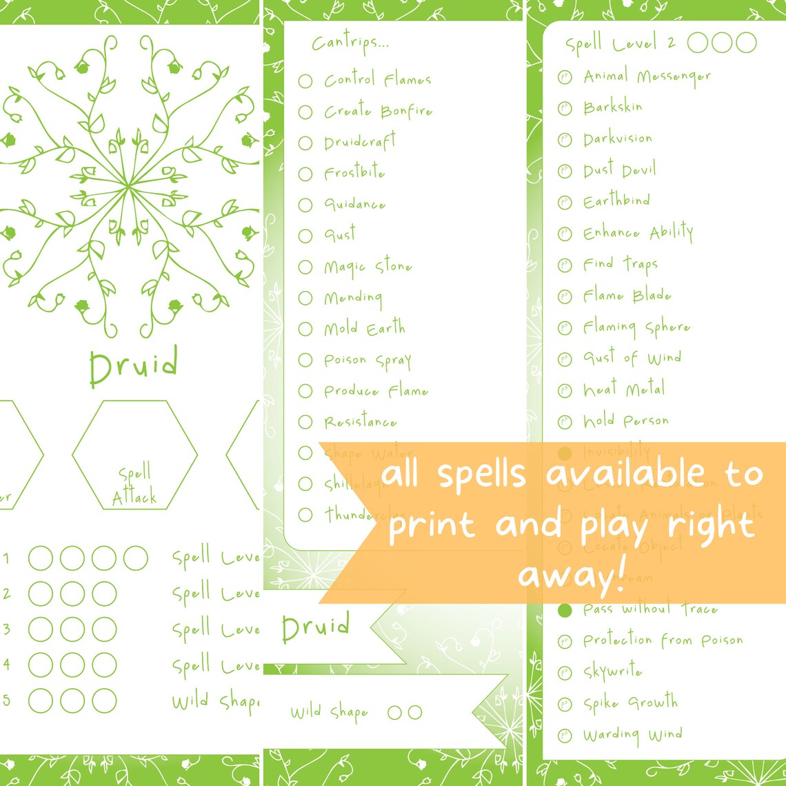 Druid Spelltracker DND Set All D&D 5e Druid Spell Lists - Etsy