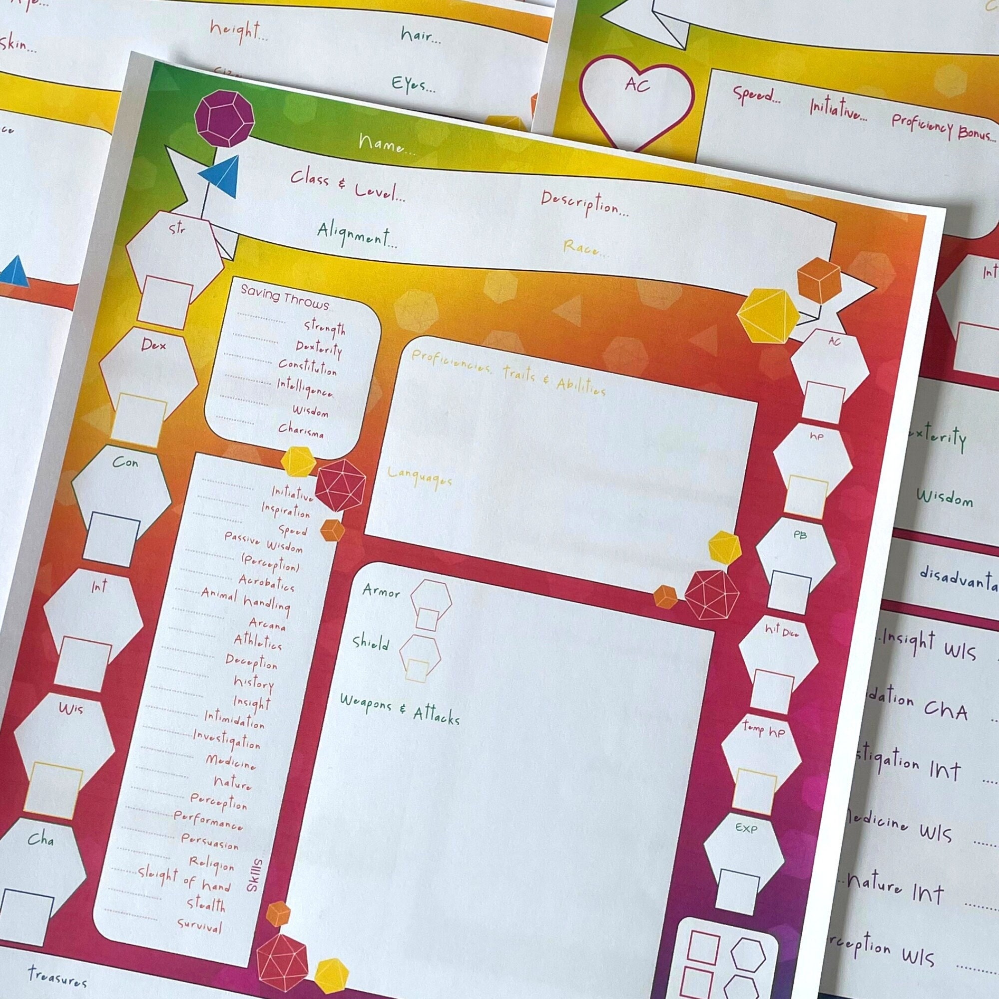 DND 5e Character Sheet Set, Rainbow Dice Series With 9 Form Fillable ...