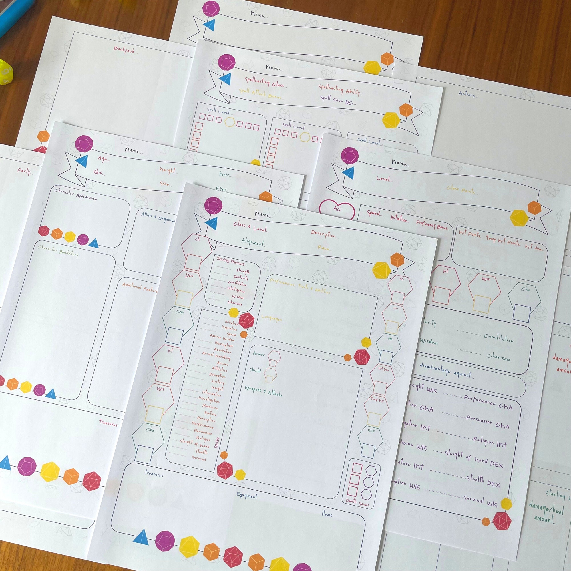 DND 5e Character Sheet Set, Rainbow Dice Series With 9 Form Fillable ...