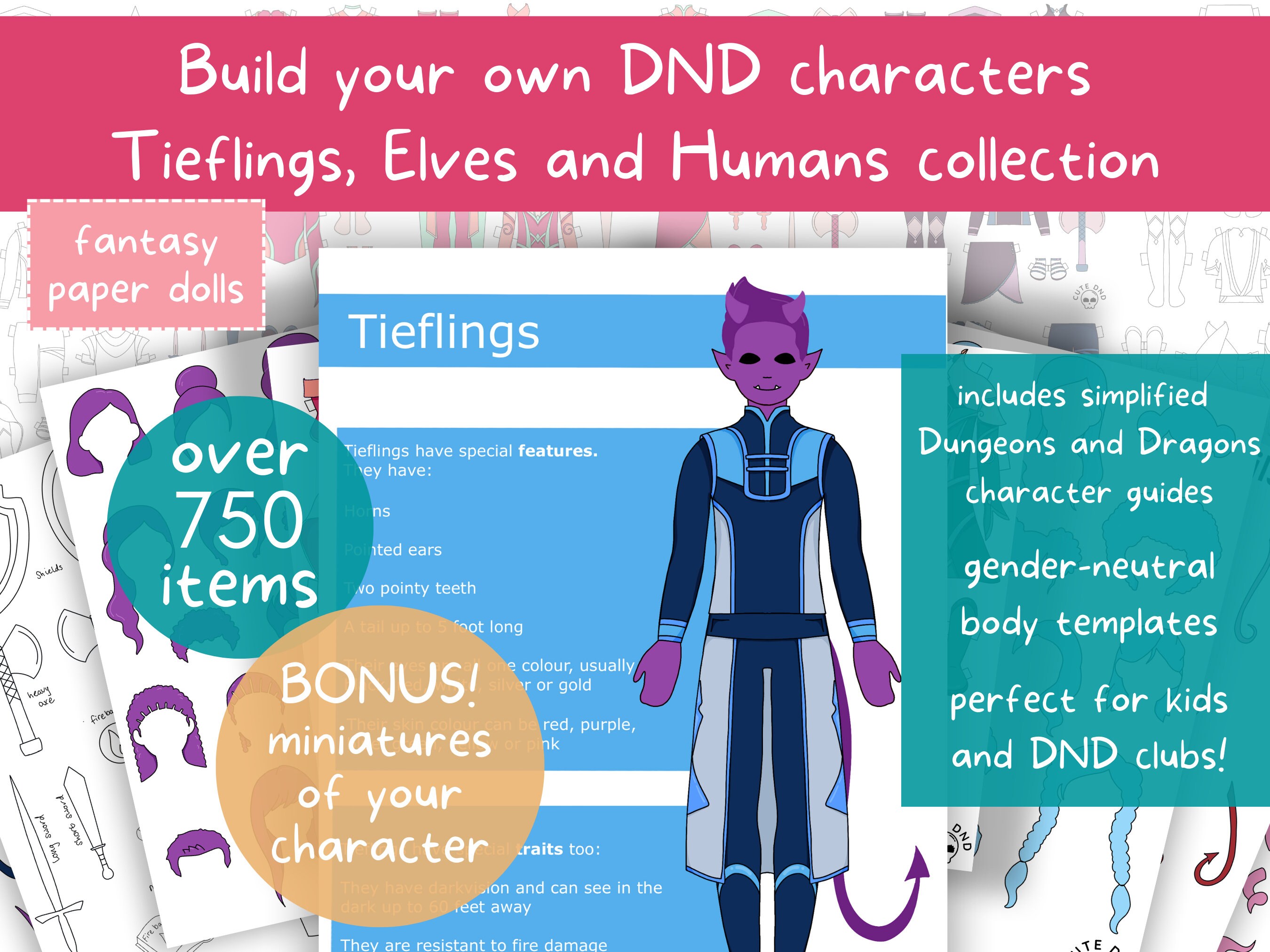 Kids DND Make Your Own Characters, Tieflings, Elves & Humans Printable ...