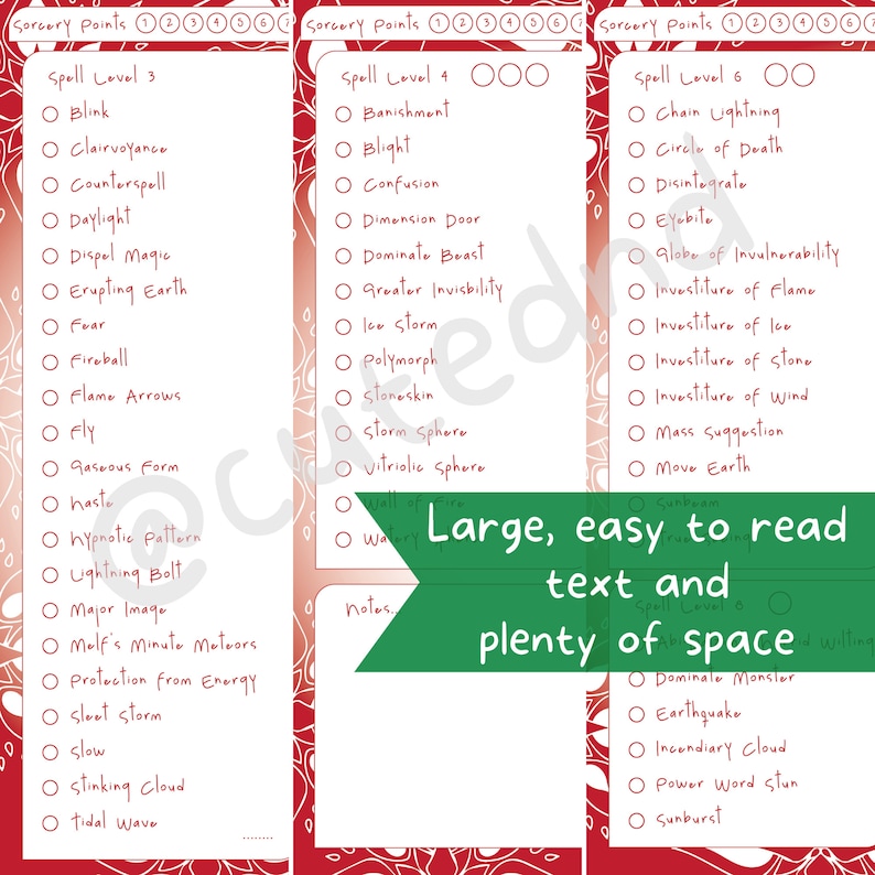 Dnd Sorcerer Spelltracker Set All D&D 5e Sorcerer Spell Lists - Etsy