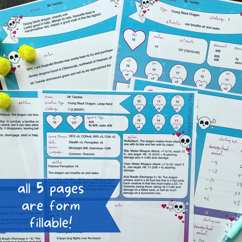 Companion and Familiars Form Fillable 5 Page D&D Pack in Our Pink and ...