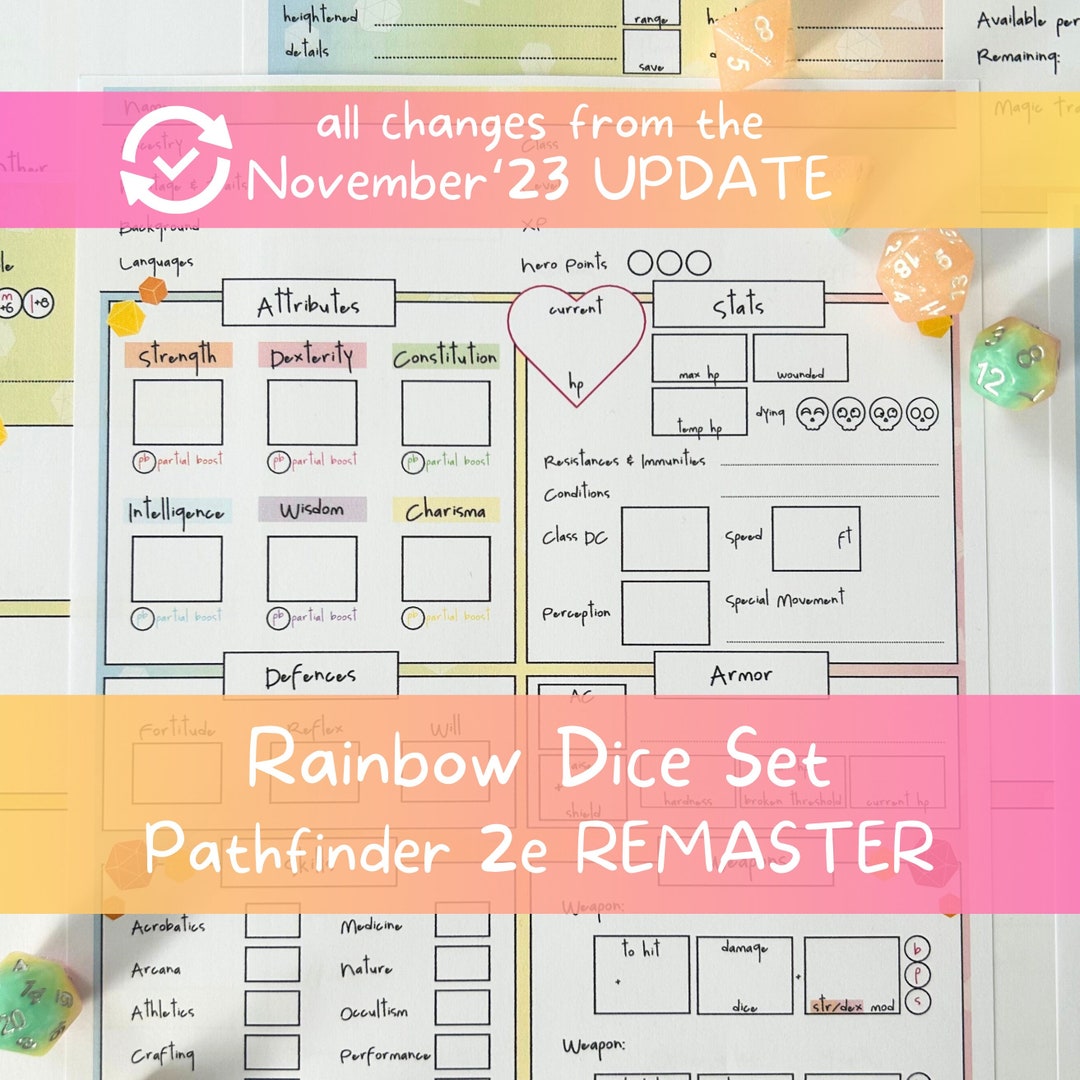 Cute Pathfinder 2e Remaster Character Sheets Rainbow Dice Theme, for ...