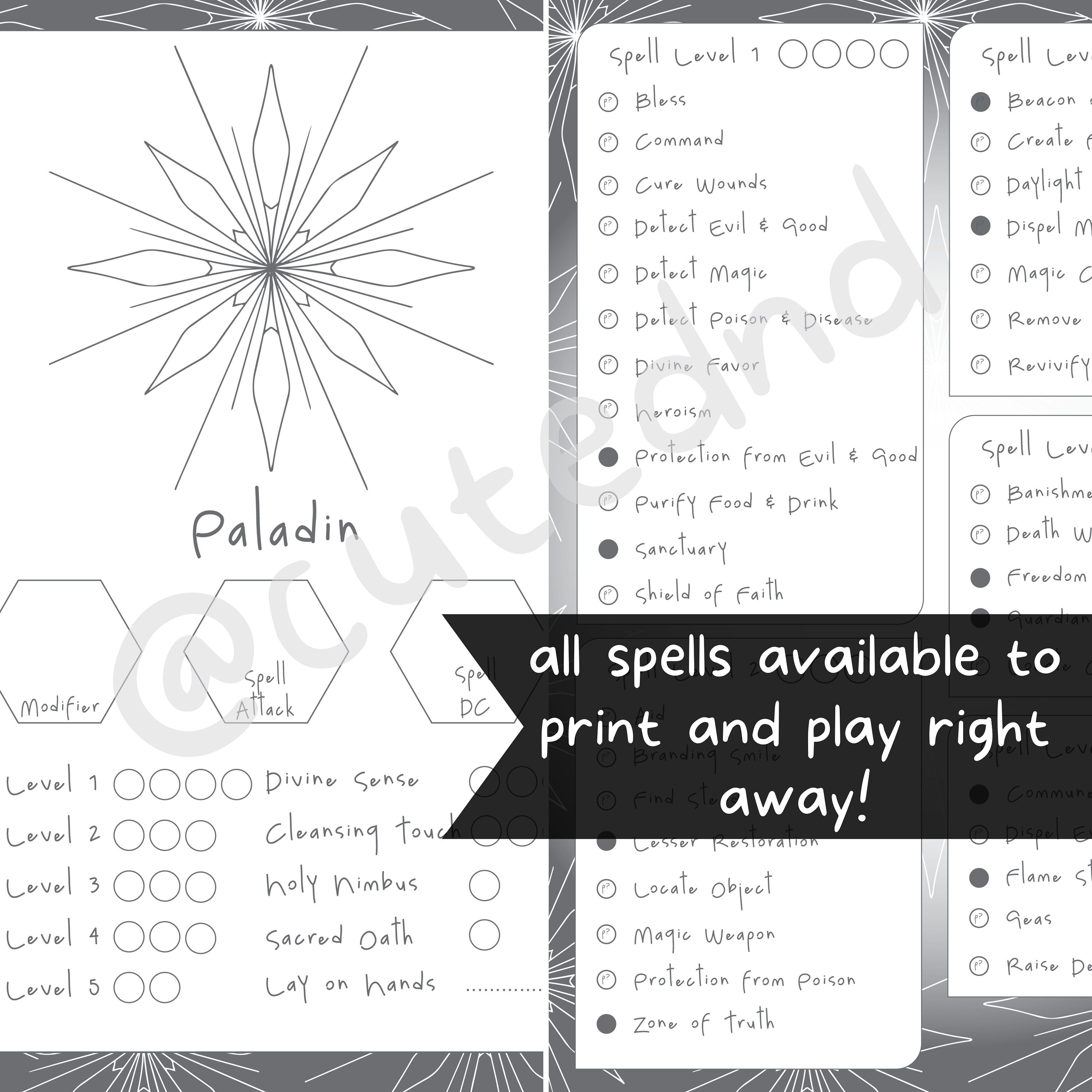 Paladin Spell Tracker DND 5e: Printable Spell Lists - Etsy
