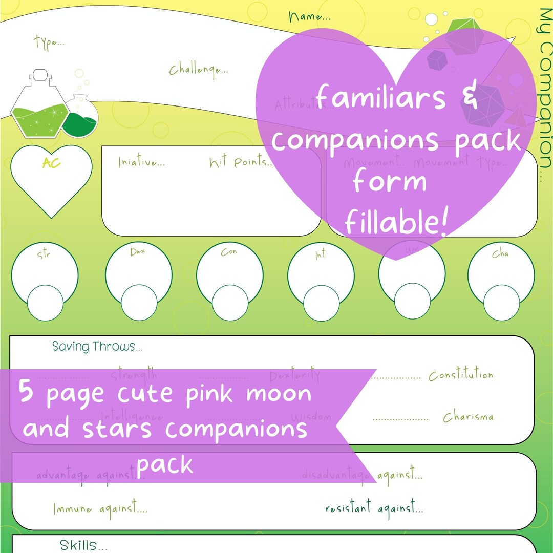 Companion and Familiars Form Fillable 5 Page D&D Pack in Our Green and ...