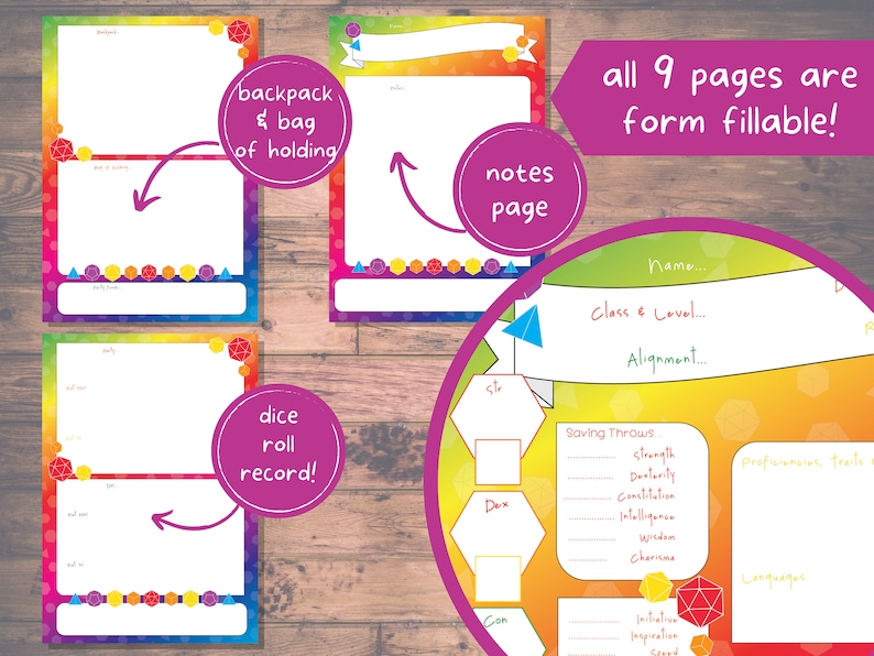 DND 5e Character Sheet Set, Rainbow Dice Series With 9 Form Fillable ...