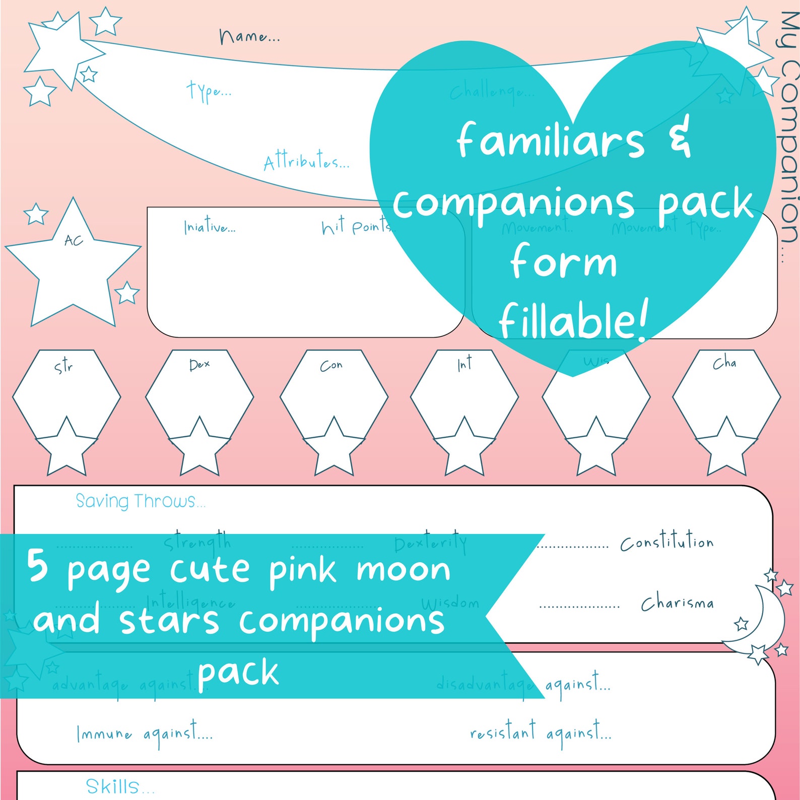 DND Companion Character Sheet Cute Moon and Stars 5 Page Companion and ...
