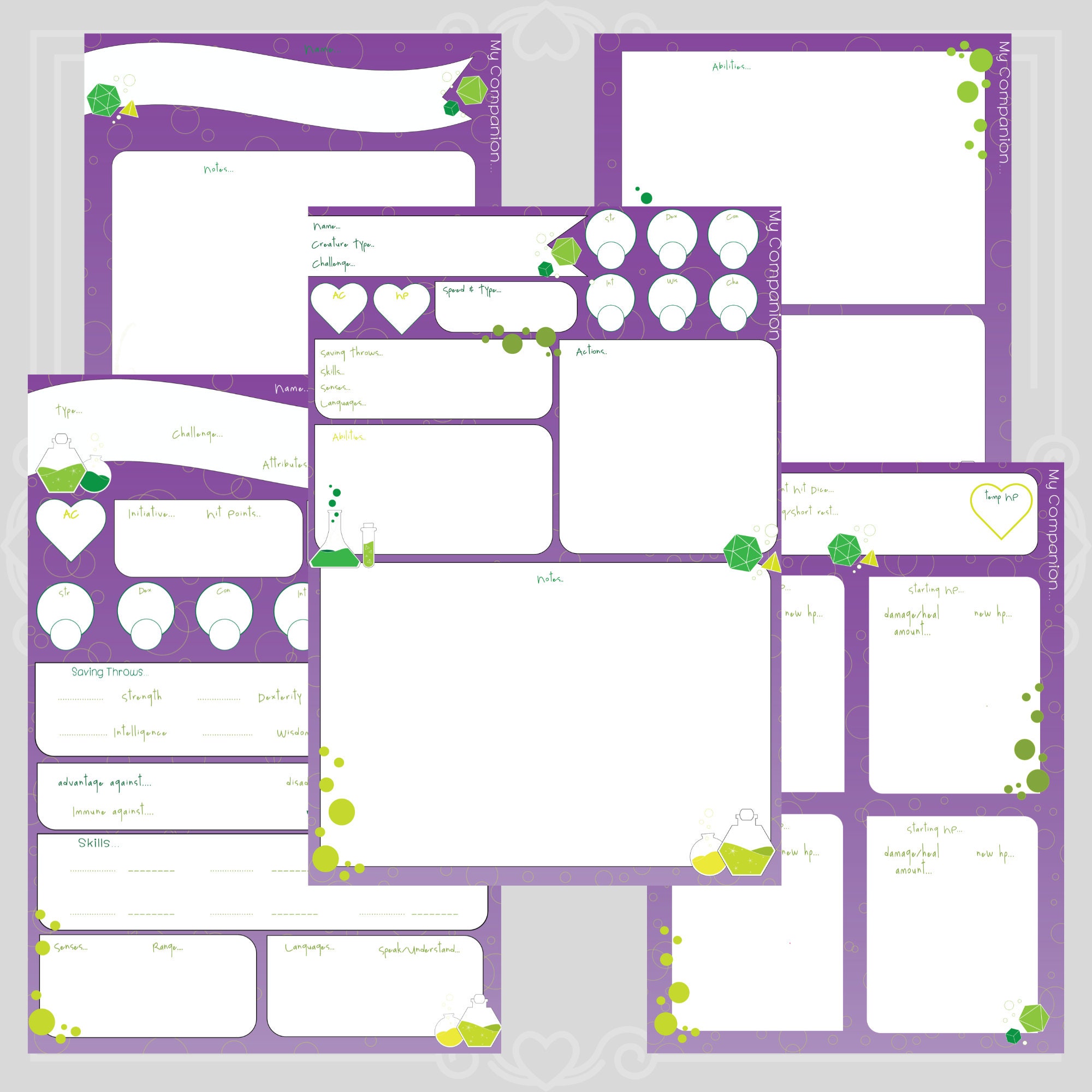 Companion and Familiars Form Fillable 5 Page D&D Pack in Our Purple ...