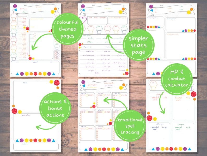 DND 5e Character Sheet Set, Rainbow Dice Series With 9 Form Fillable ...
