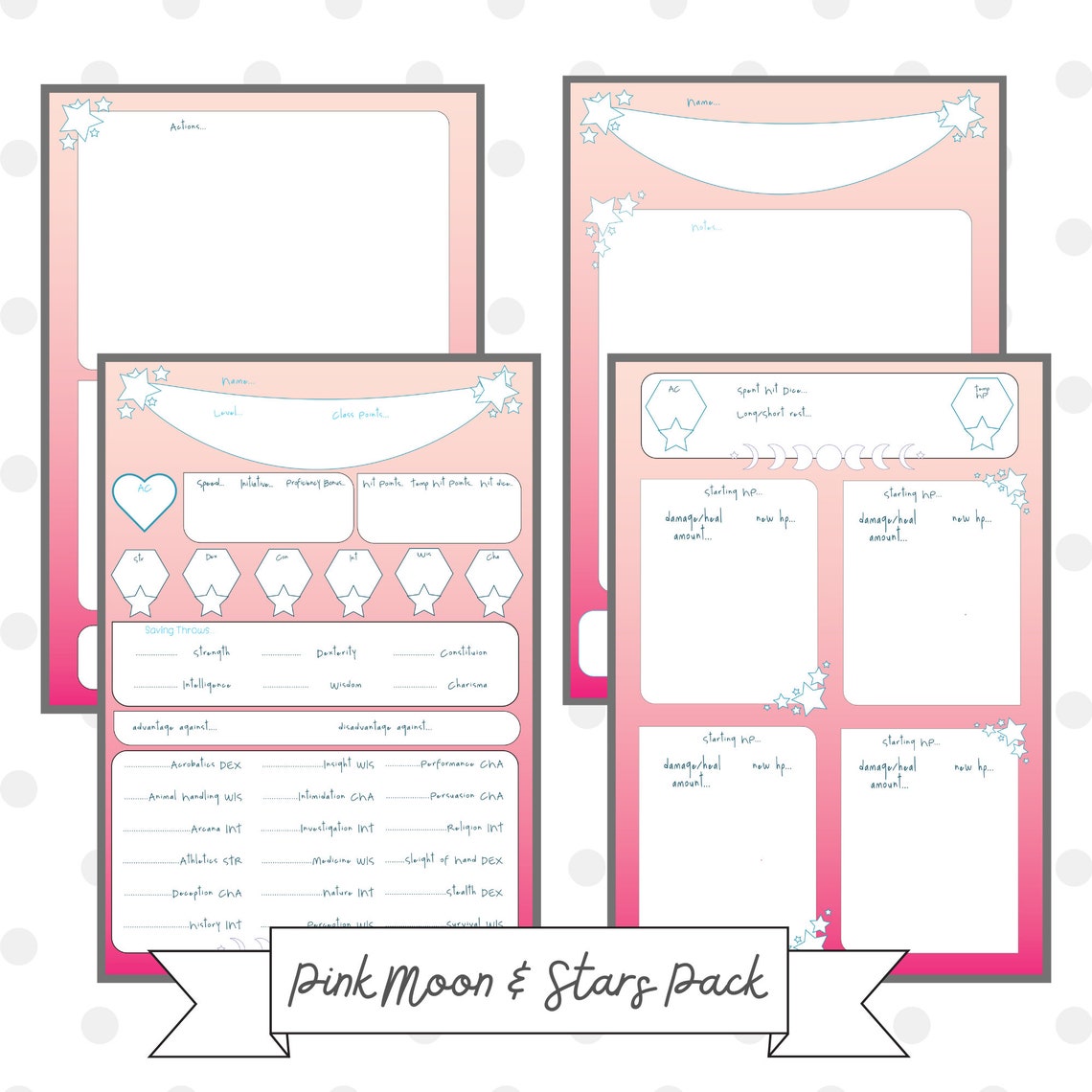 DND Character Sheet Cute Moon and Stars 9 Page Character - Etsy UK