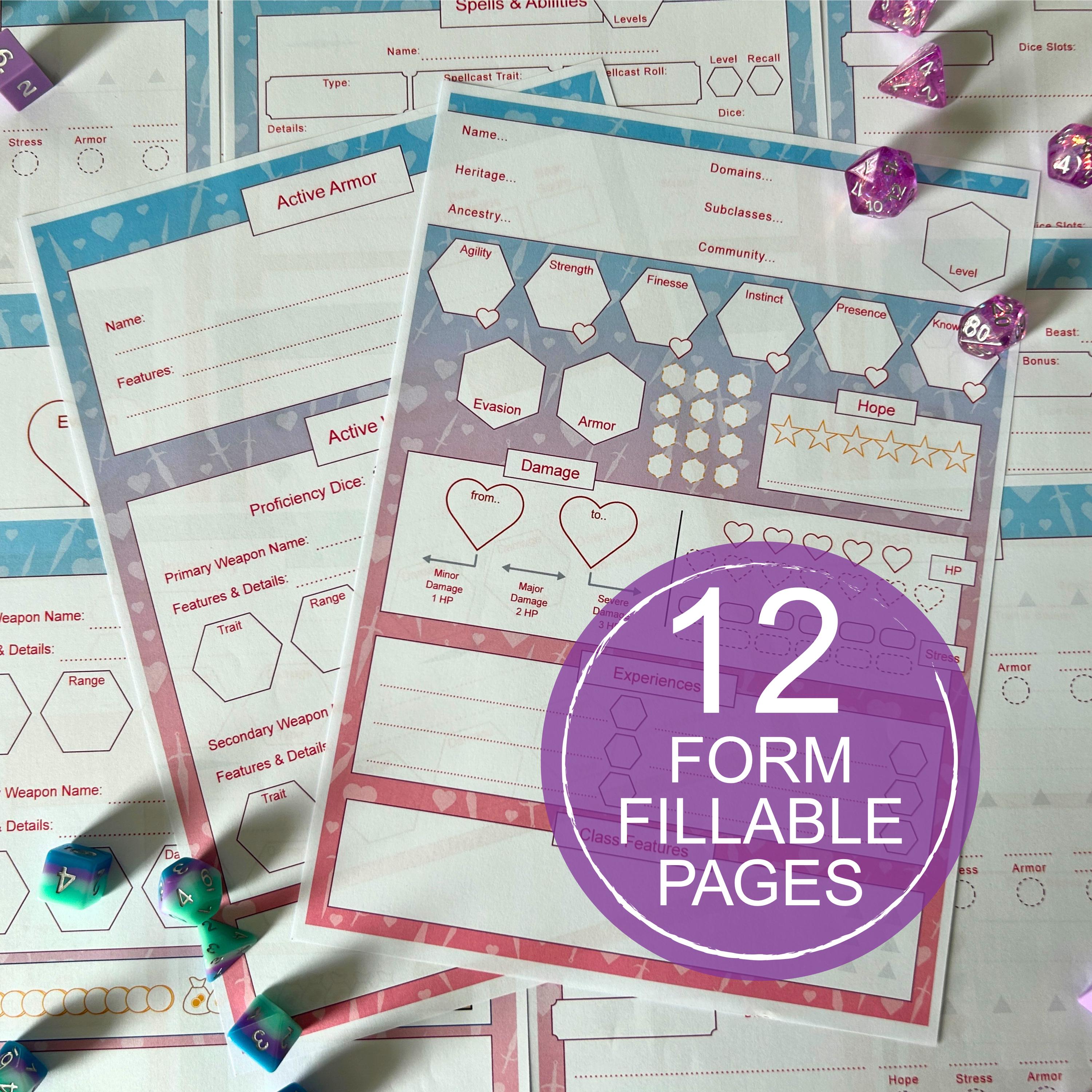 Daggerheart Character Sheets 12 Form Fillable Printable Set With Dyslexia-friendly Font, Fun ...