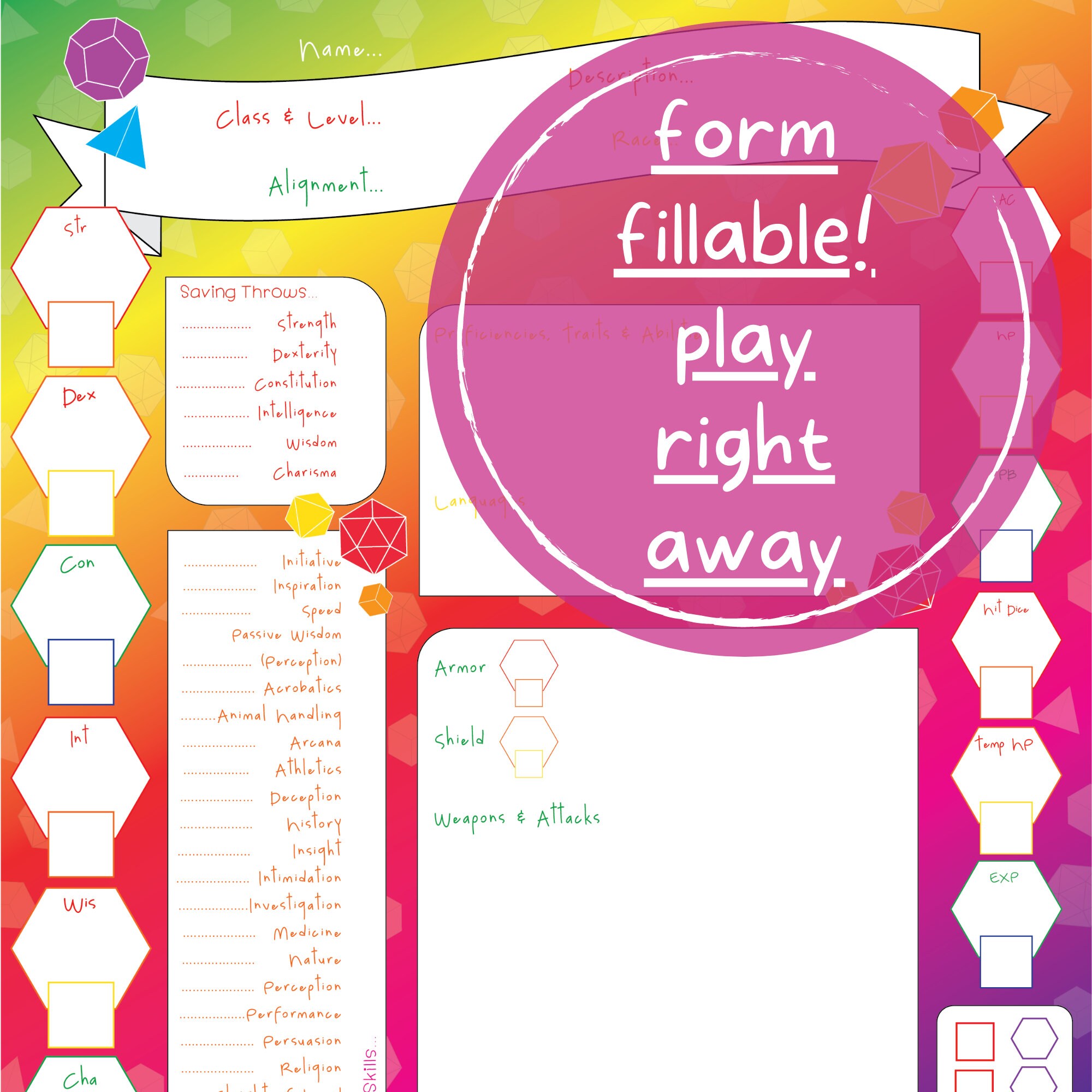 DND 5e Character Sheet Set, Rainbow Dice Series With 9 Form Fillable ...