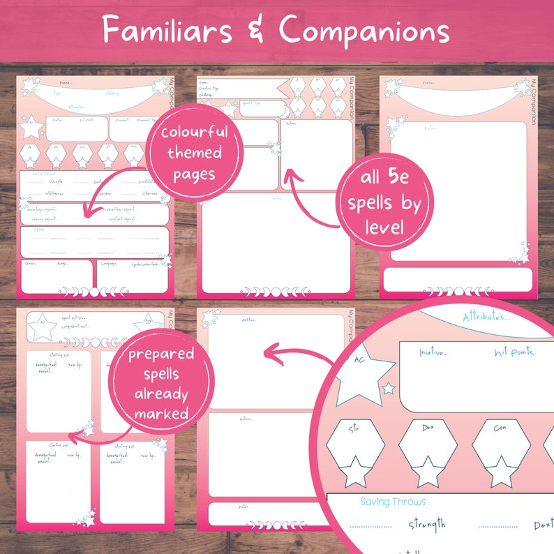 DND Companion Character Sheet: Moon & Stars 5-page Pack (fillable PDF ...