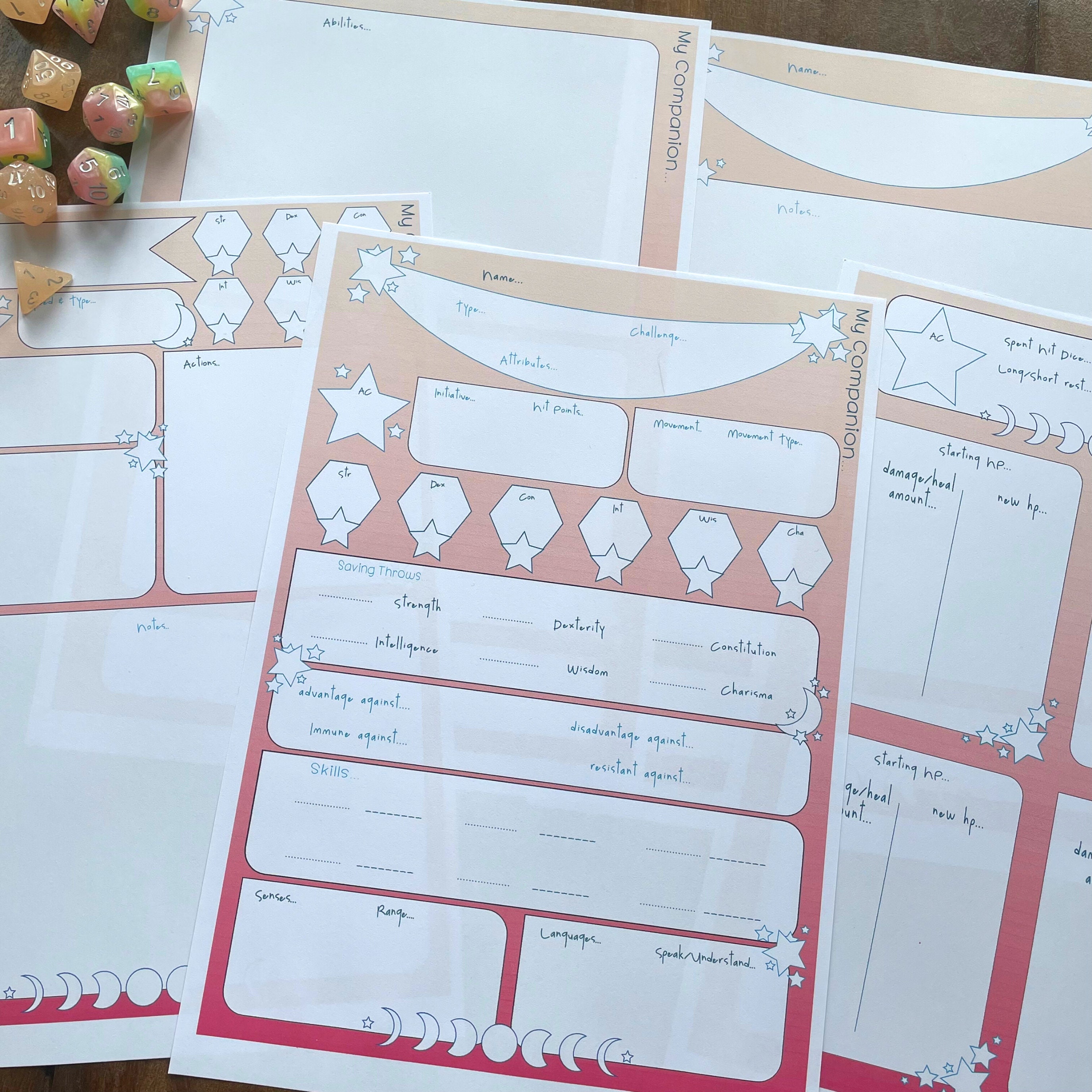DND Companion Character Sheet Cute Moon and Stars 5 Page Companion and ...