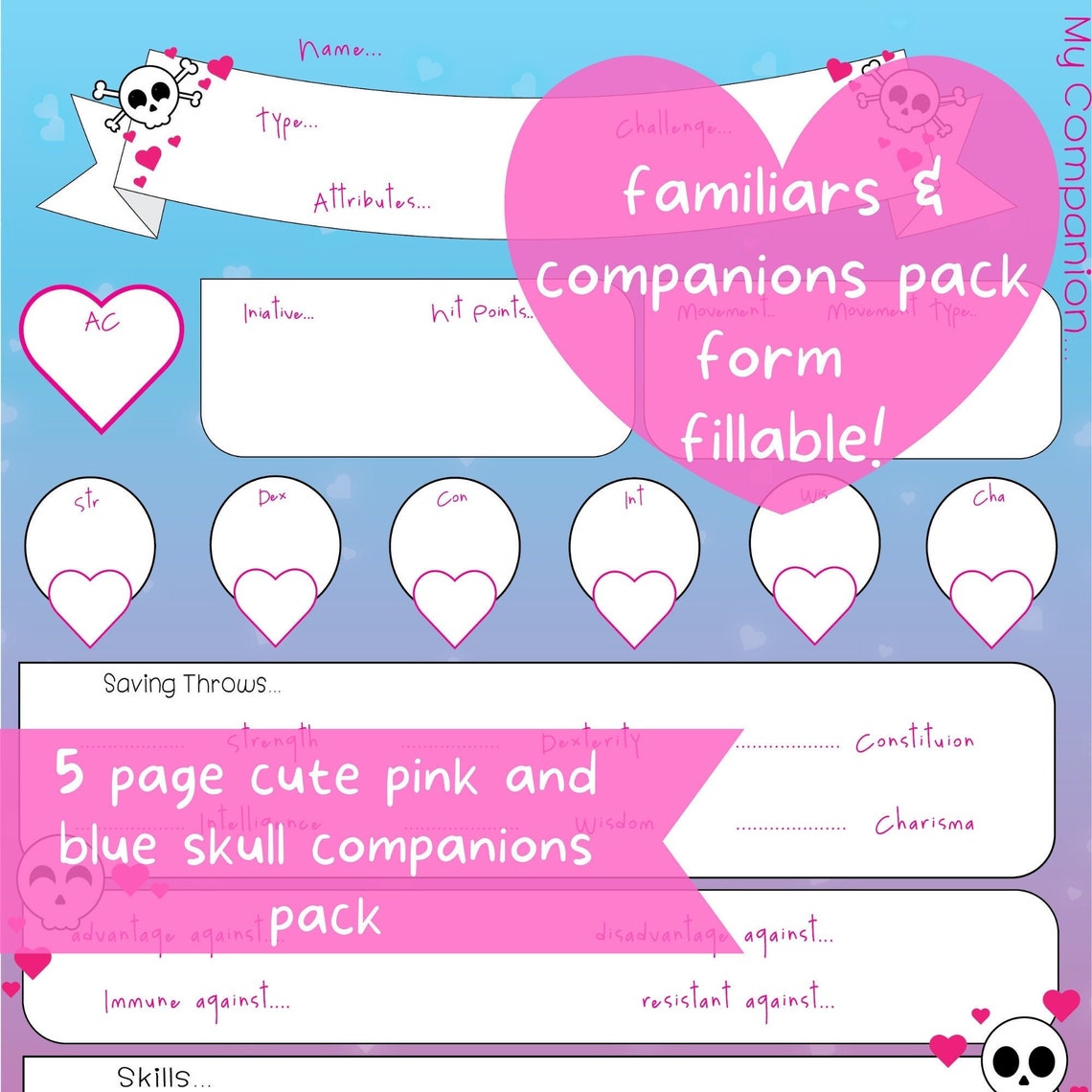 Companion and Familiars Form Fillable 5 Page D&D Pack in Our Pink and ...