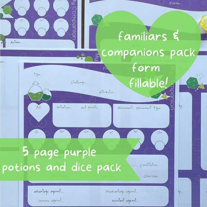 Companion and Familiars Form Fillable 5 Page D&D Pack in Our Purple ...