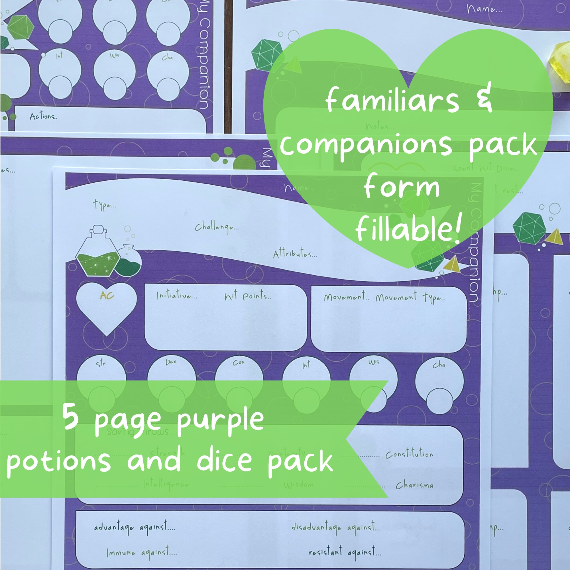 Companion and Familiars Form Fillable 5 Page D&D Pack in Our Purple ...