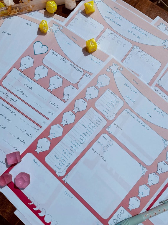 DND Character Sheet Cute Moon and Stars 9 Page Character | Etsy