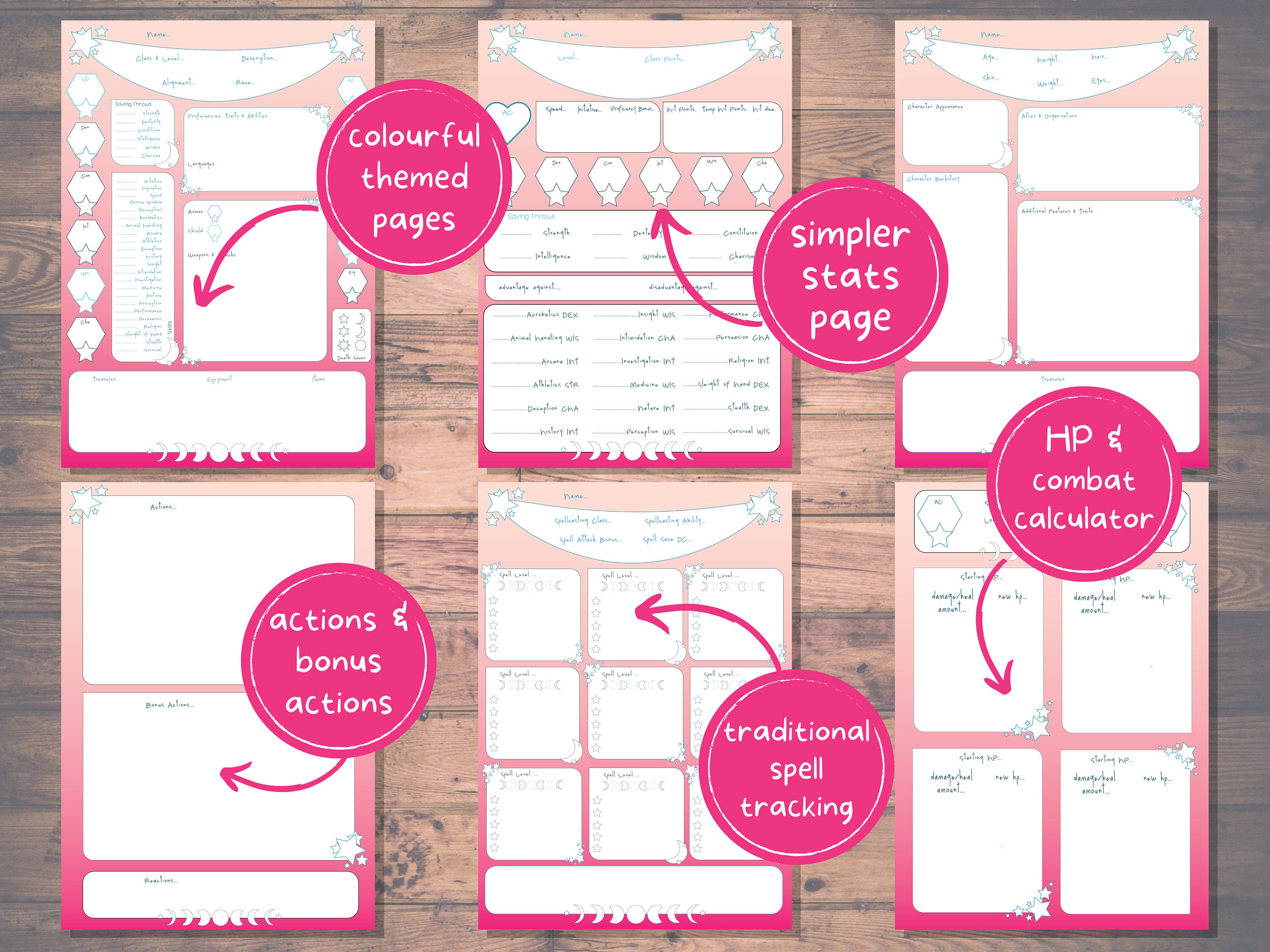 DND Character Sheet Cute Moon and Stars 9 Page Character - Etsy UK