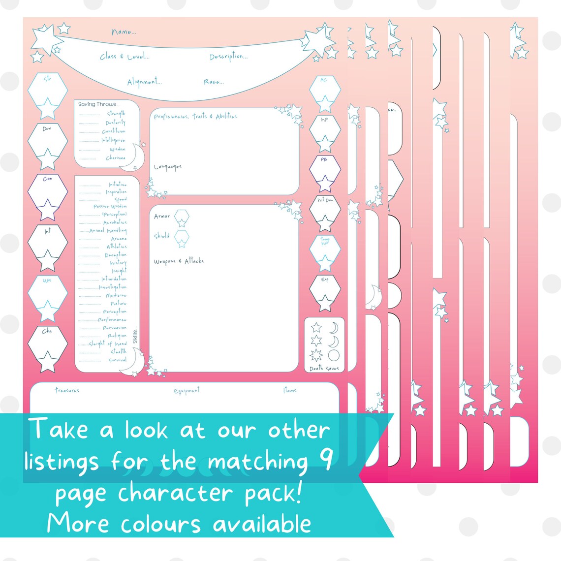 DND Companion Character Sheet Cute Moon and Stars 5 Page | Etsy