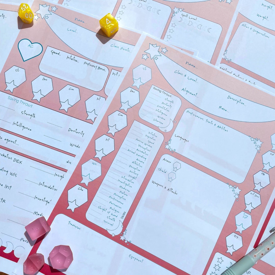 DND Character Sheet Cute Moon and Stars 9 Page Character Pack DND ...