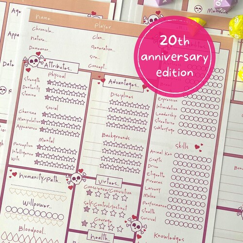 Vampire the Masquerade Character Sheets 20th Anniversary - Etsy