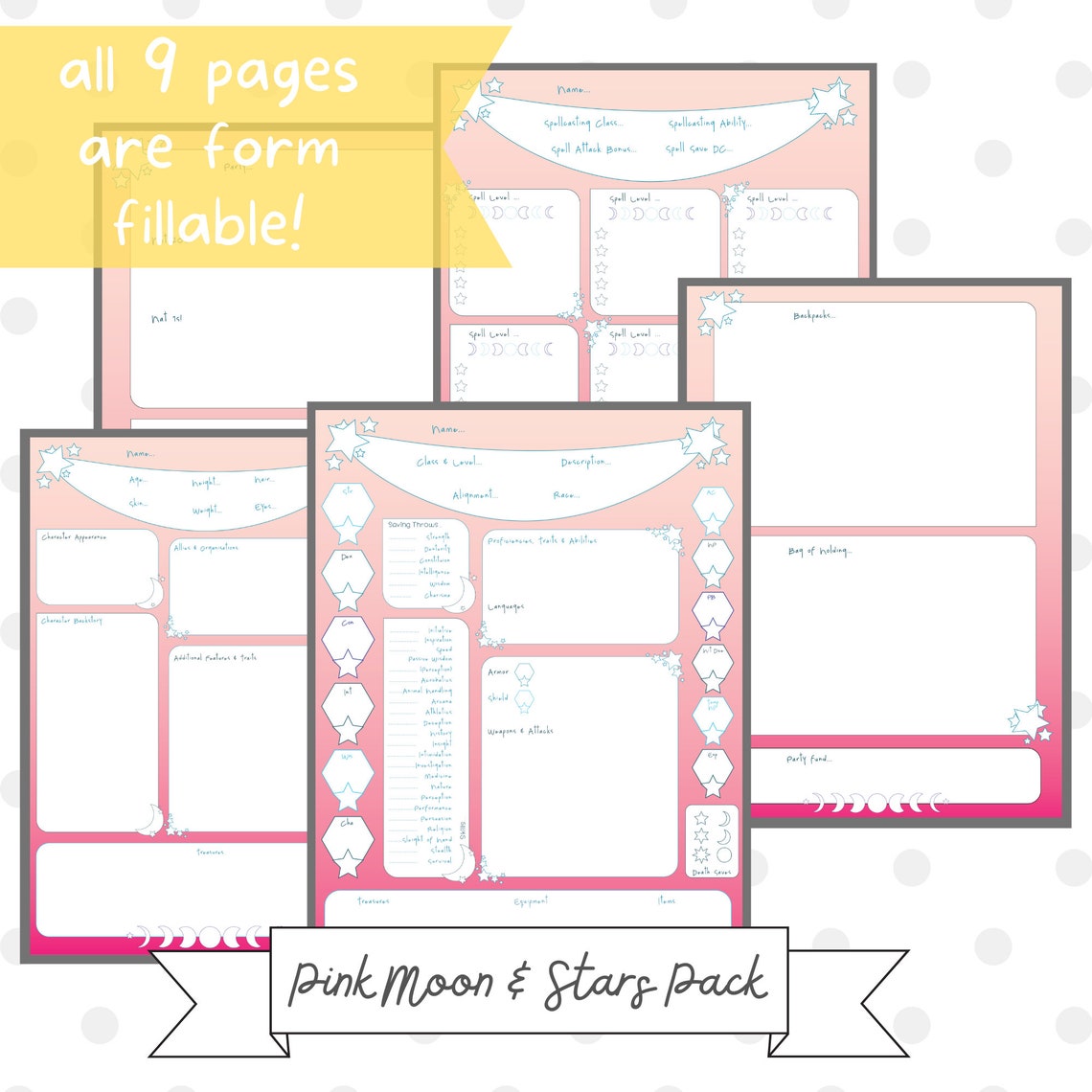 DND Character Sheet Cute Moon and Stars 9 Page Character - Etsy UK