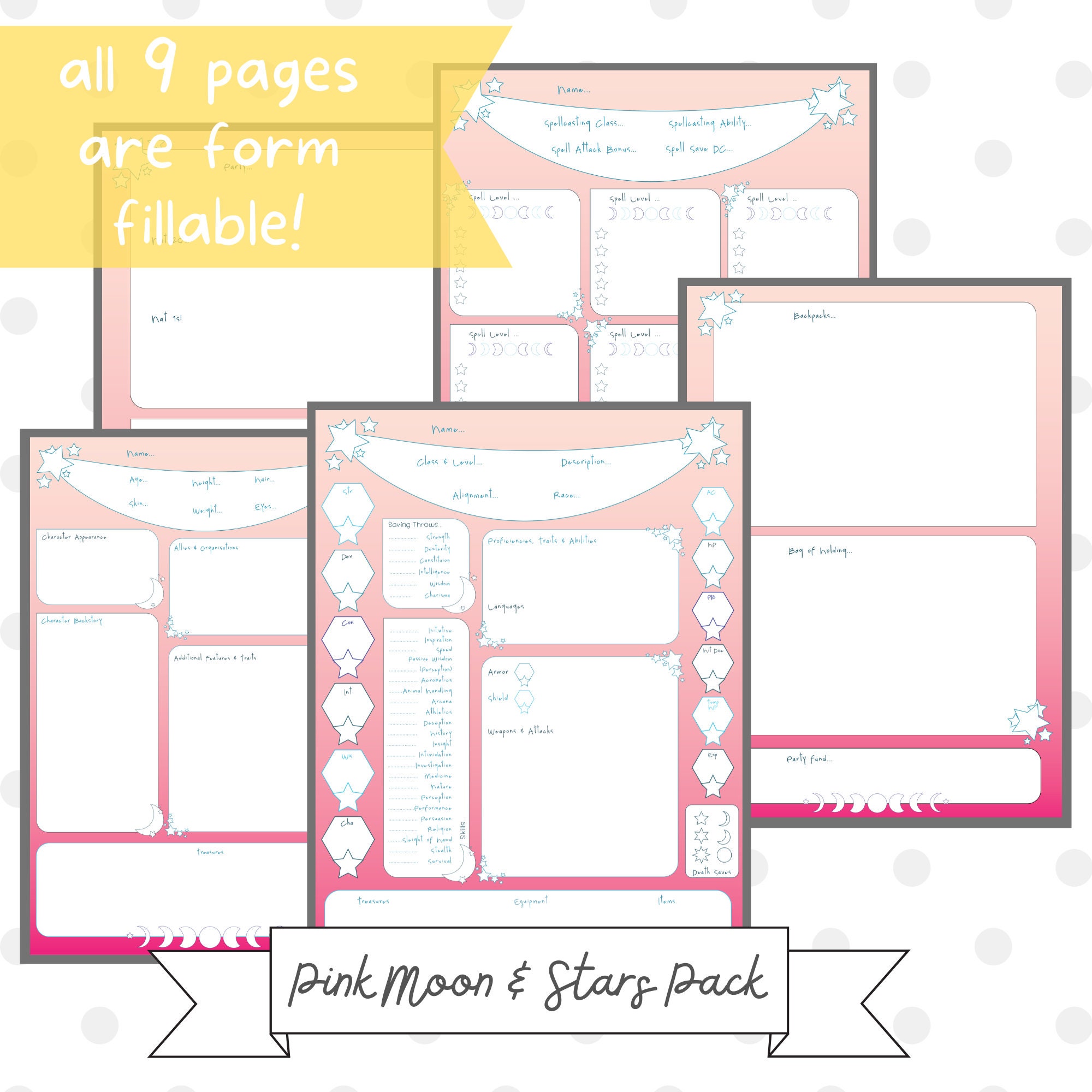 DND 5e Character Sheet Set Moon & Stars Series With 9 Form - Etsy