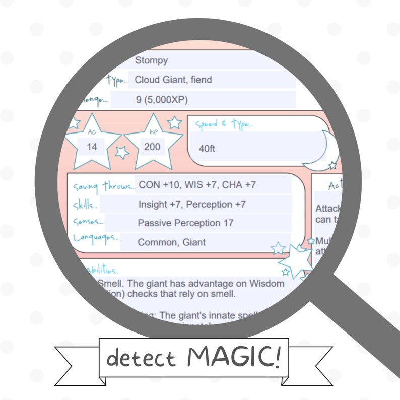 DND Companion Character Sheet Cute Moon and Stars 5 Page | Etsy