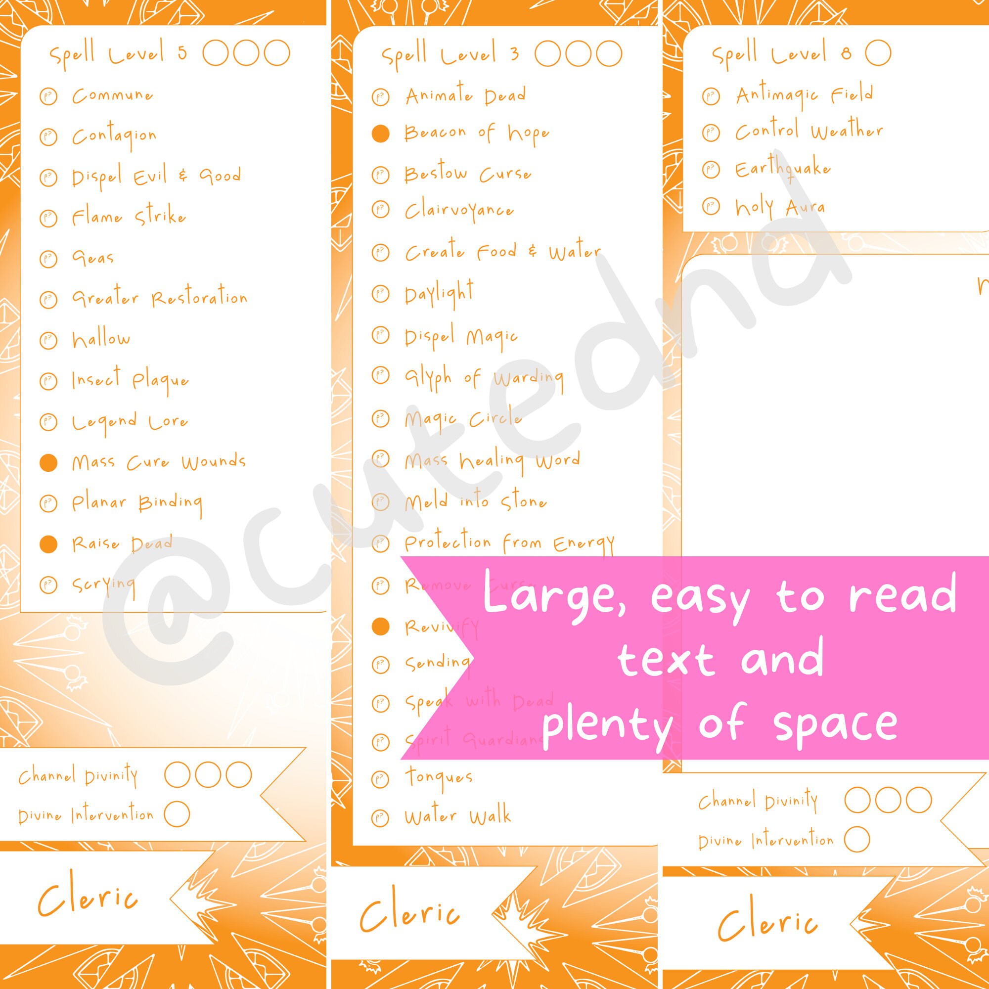 Cleric Spelltracker Set, All Dnd 5e Cleric Spell Lists and Printable Spell Tracker, Dungeons and ...