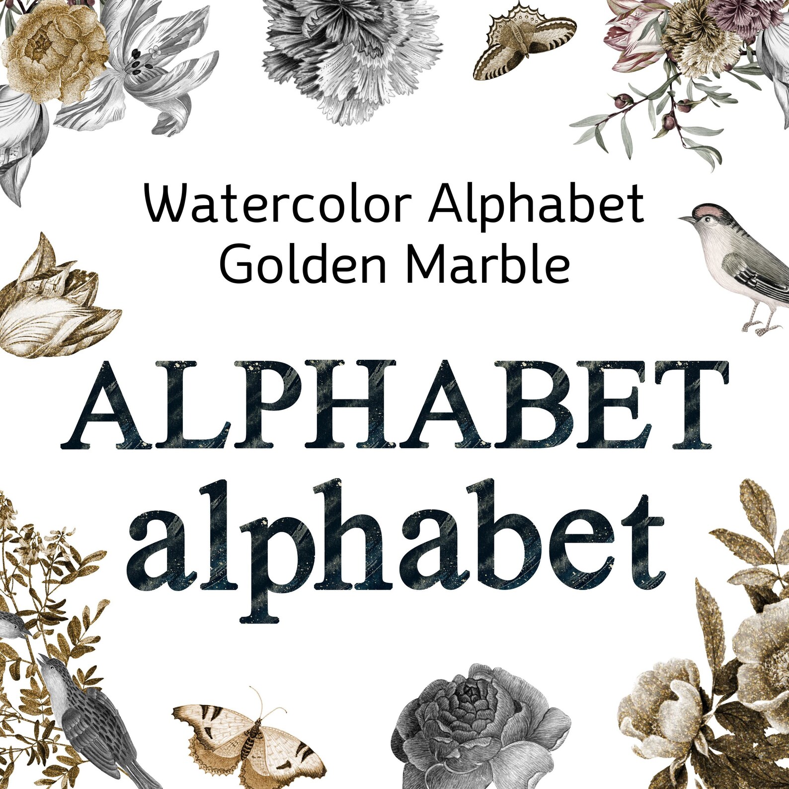Golden Marble Watercolor Alphabet Clip Art, Black Watercolor Letters ...