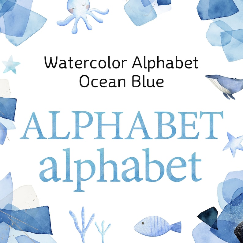 Ocean Blue Watercolor Alphabet Clip Art, Watercolor Letters, Digital ...