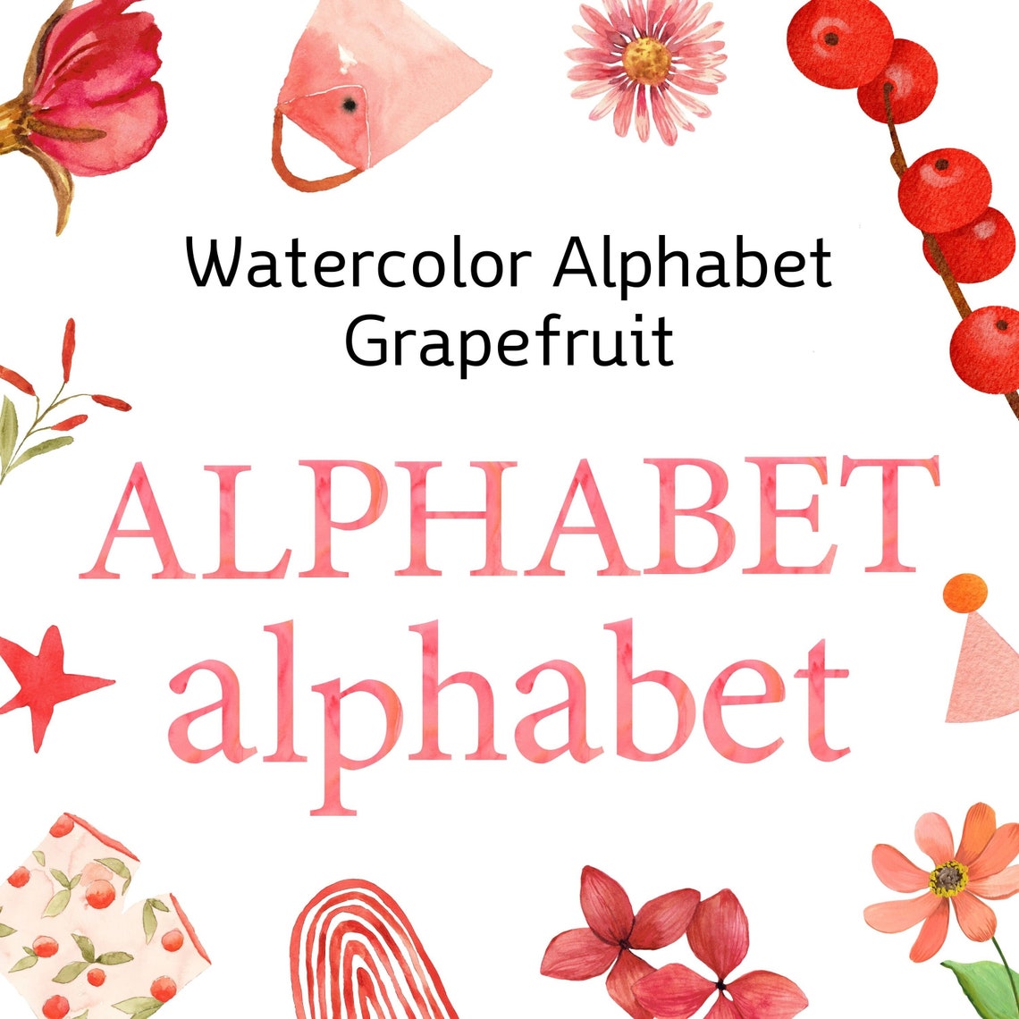 Grapefruit Watercolor Alphabet Clip Art, Red Watercolor Letters ...