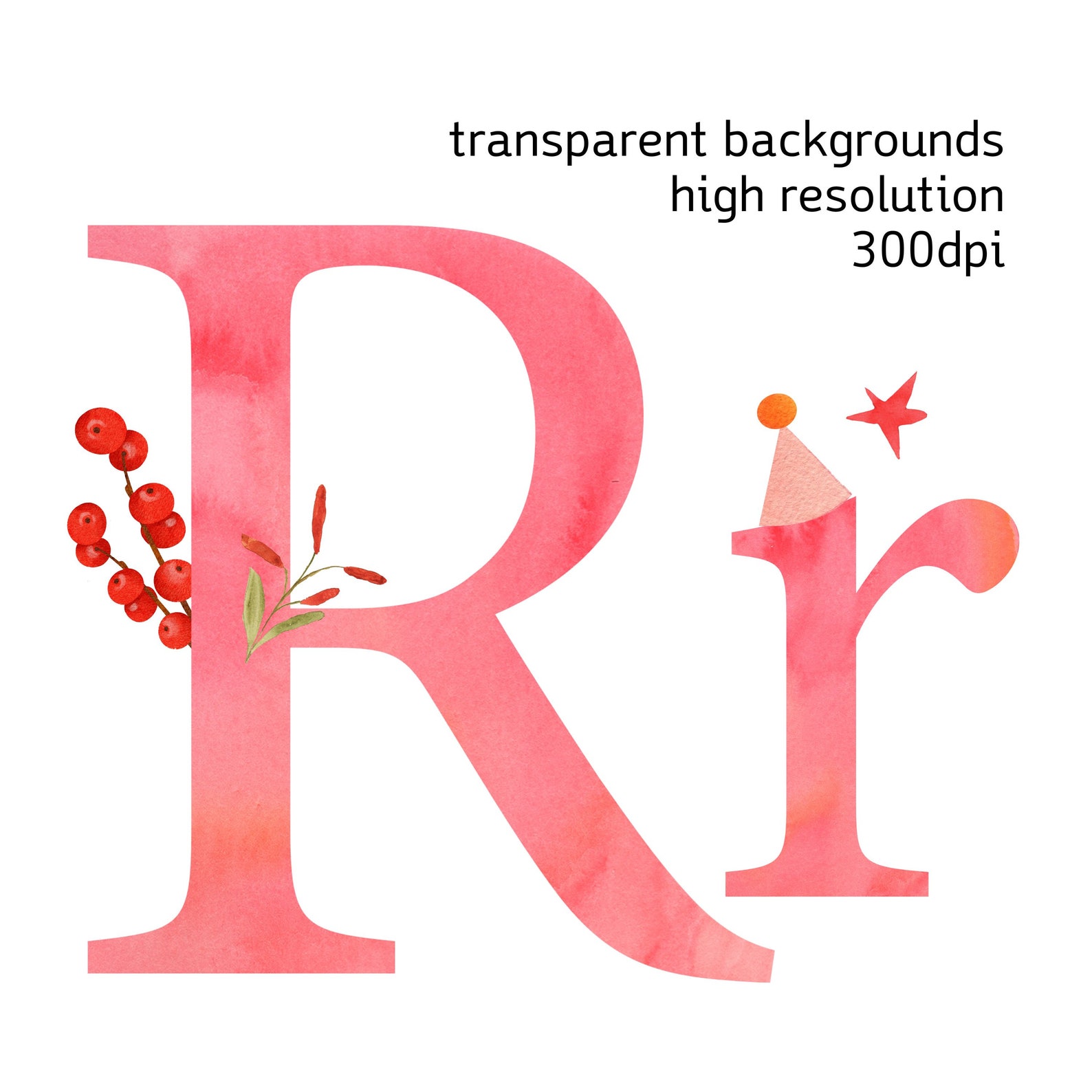 Grapefruit Watercolor Alphabet Clip Art, Red Watercolor Letters ...