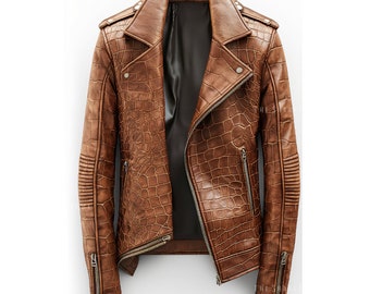 BLACK ALLIGATOR CROCODILE Leather Men Jacket Motorcycle Leather Jacket Gift for Him halloween ...