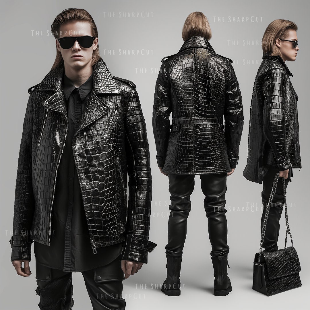 BLACK ALLIGATOR CROCODILE Leather Men Jacket Motorcycle Leather Jacket Gift for Him halloween ...
