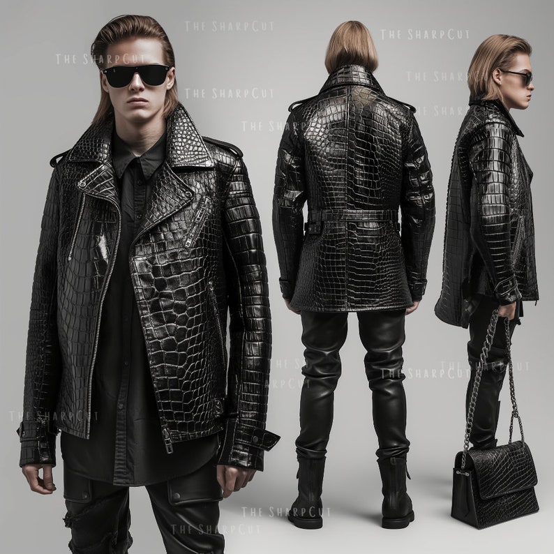 BLACK ALLIGATOR CROCODILE Leather Men Jacket Motorcycle Leather Jacket Gift for Him halloween ...