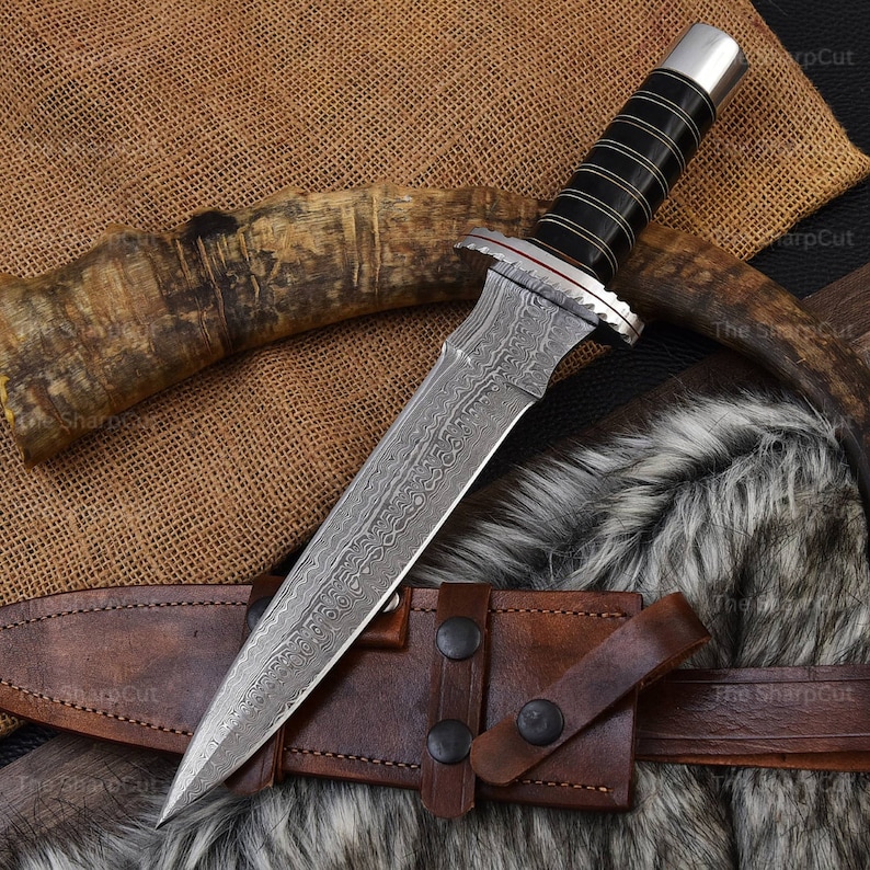Damascus Dagger With Beautiful Bull Horn Handle and Leather - Etsy