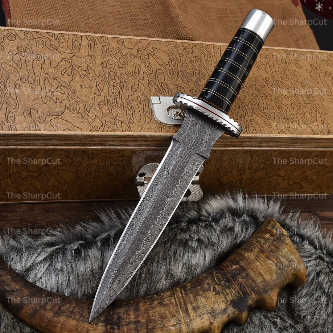 Damascus Dagger With Beautiful Bull Horn Handle and Leather - Etsy
